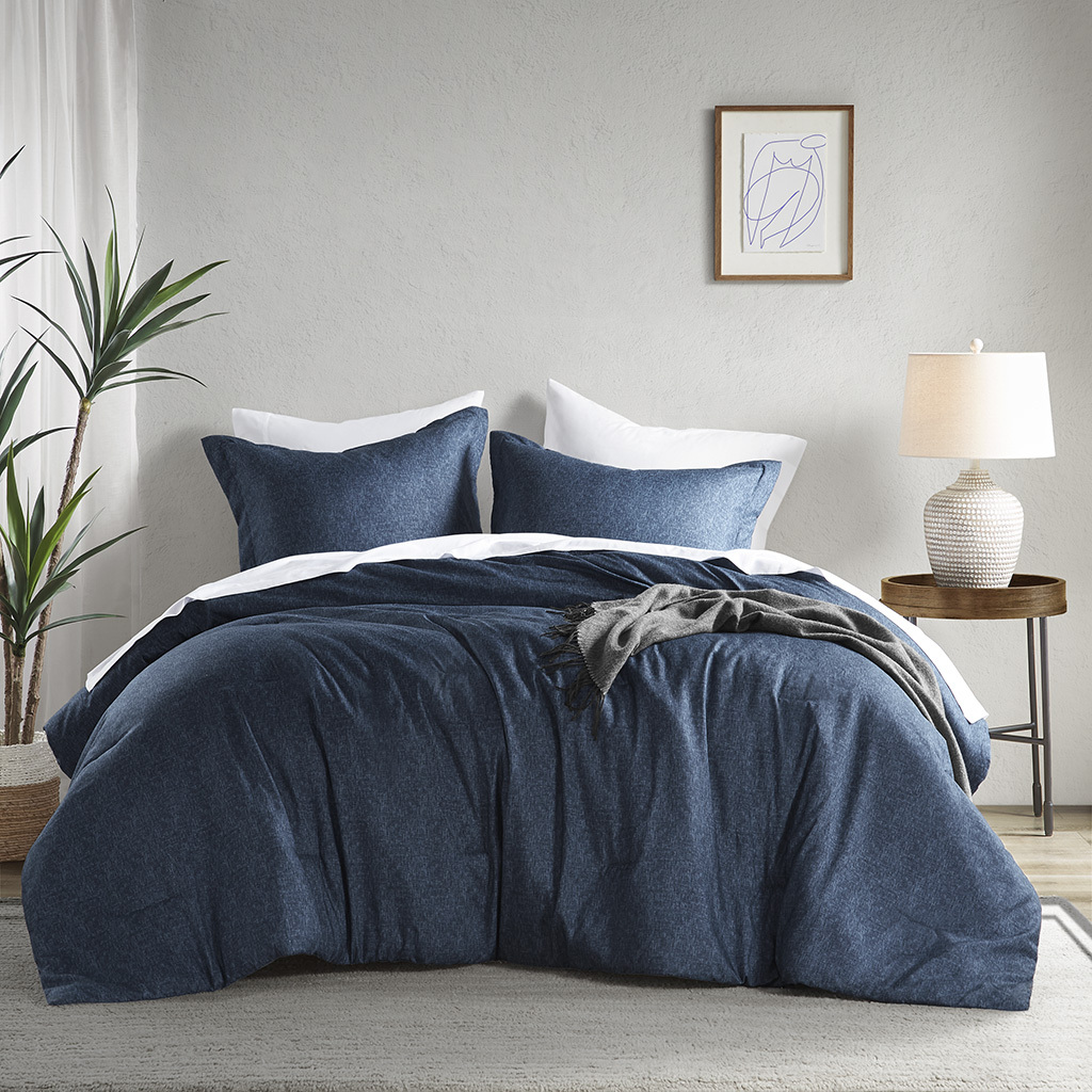 Camden Chambray Print Solid Comforter Set In Navy by Olliix | 1StopBedrooms