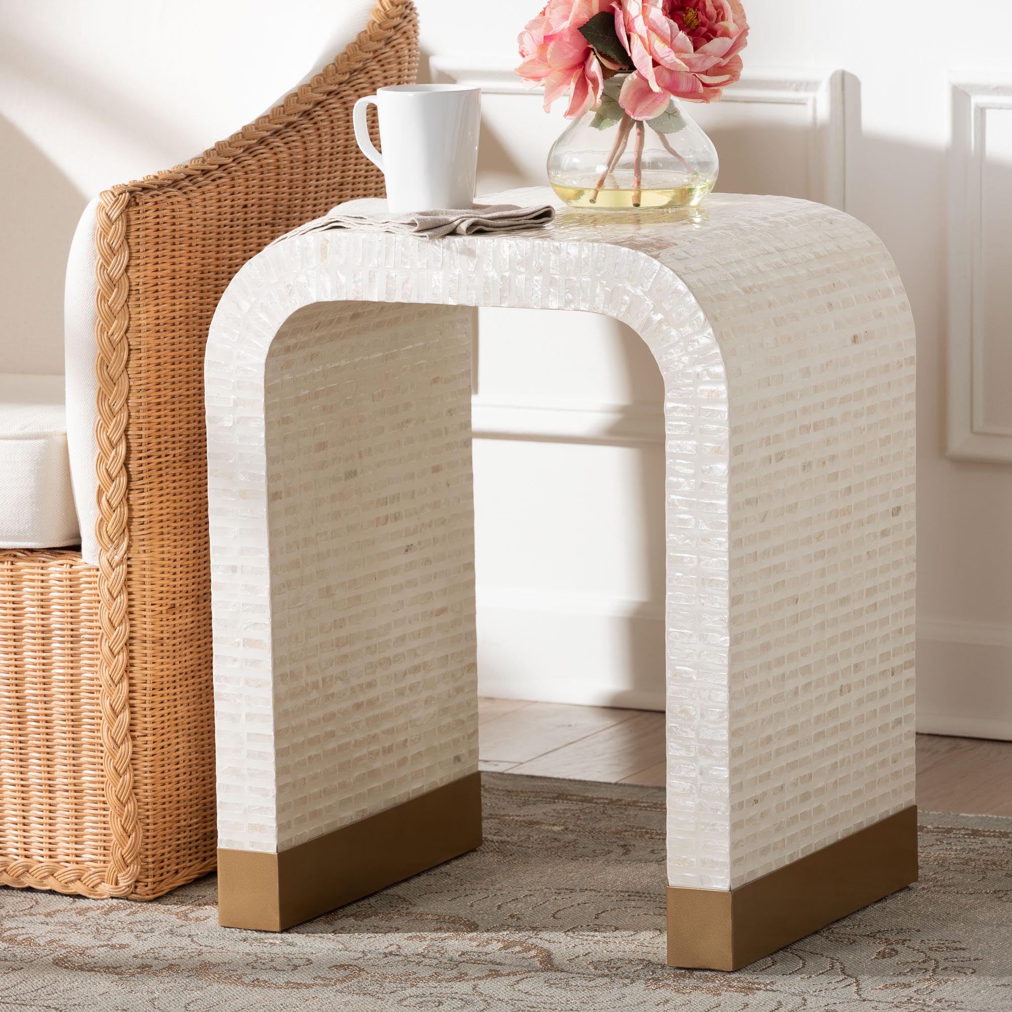 Carlyn Mother of Pearl Capiz Shell End Table In Beige and White by ...