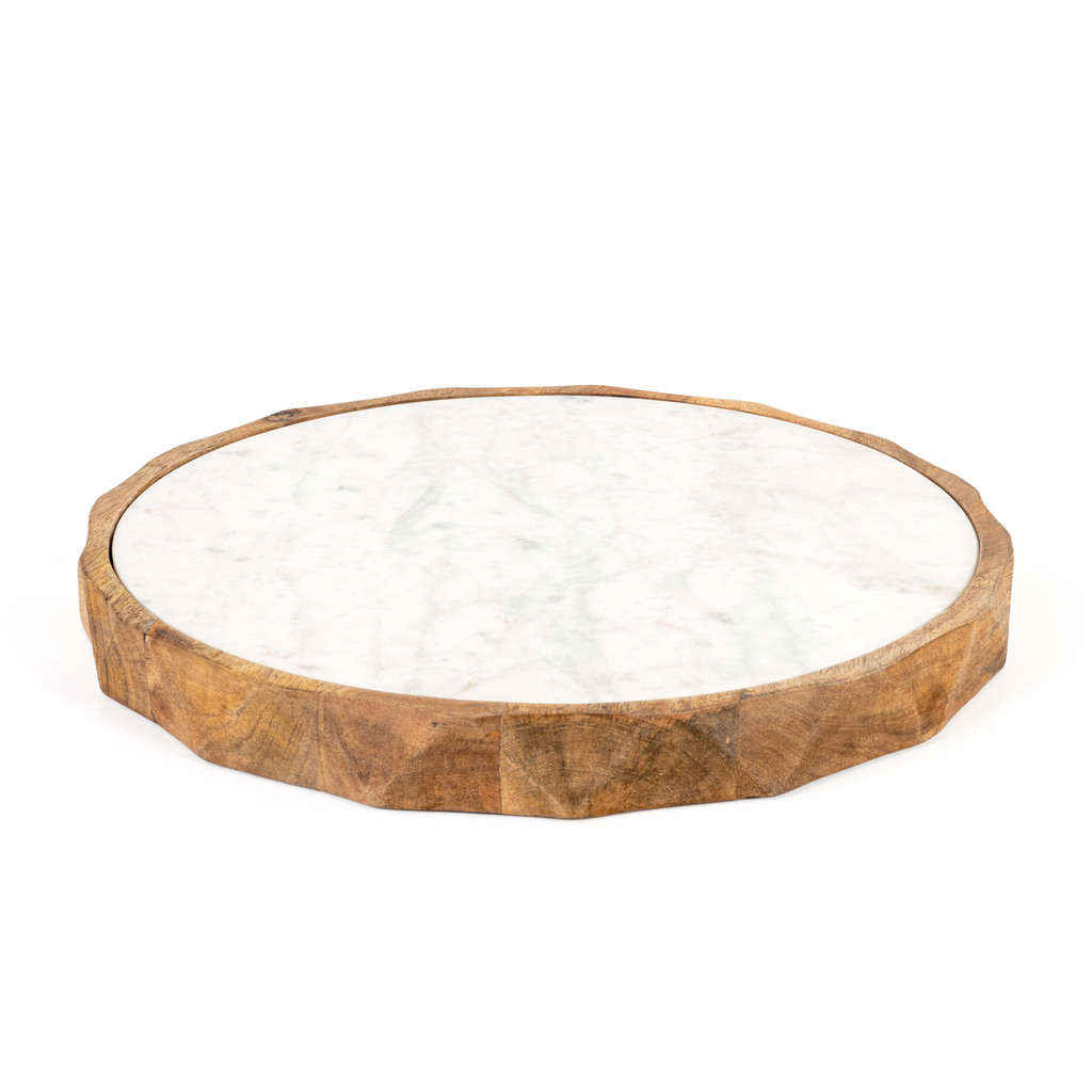 Carmelo 15 Inch Round Marble and Wood Serving Board In White and ...