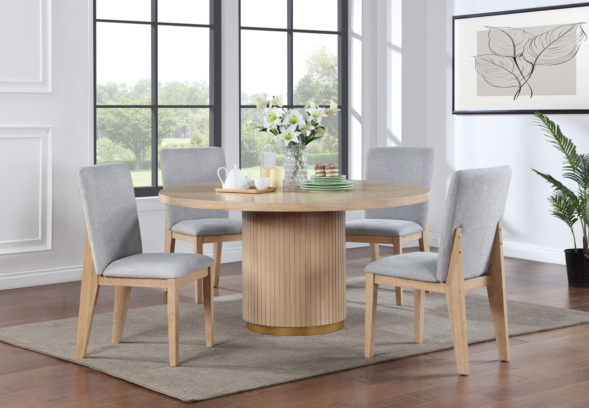 Caspian 5 Piece 59 Inch Round Dining Table Set with Gray Chairs In Oak ...