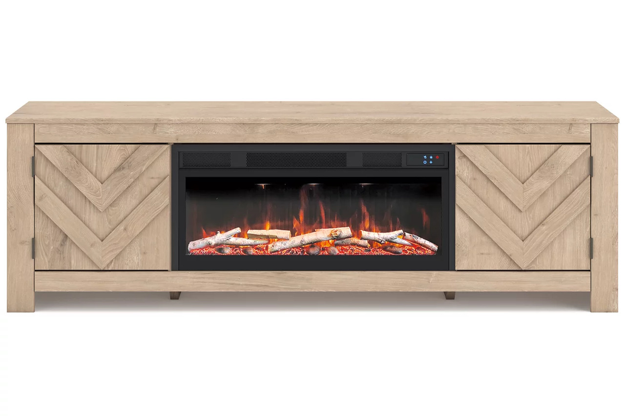 Cayboni 71 Inch TV Stand with Electric Fireplace In Tan by Ashley ...