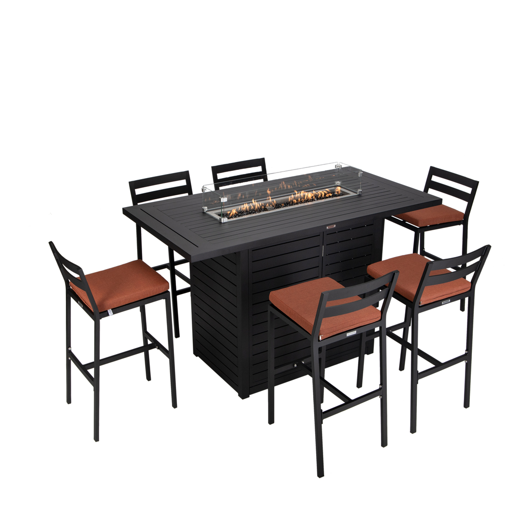 Chelsea Aluminum Outdoor Dining Set with 1 Bar Height Fire Pit Table ...