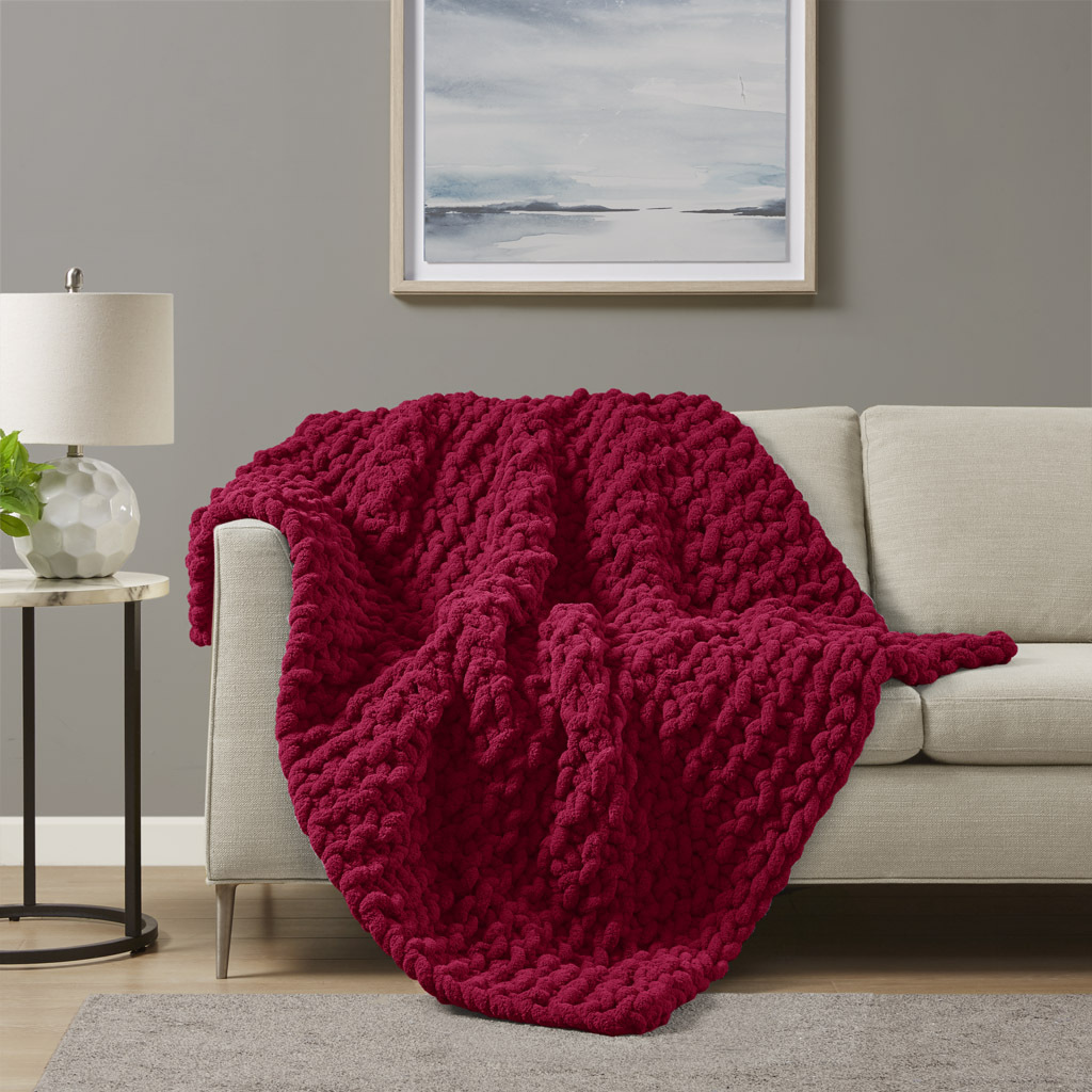 Chenille Chunky Knit Throw In Red by Olliix | 1StopBedrooms