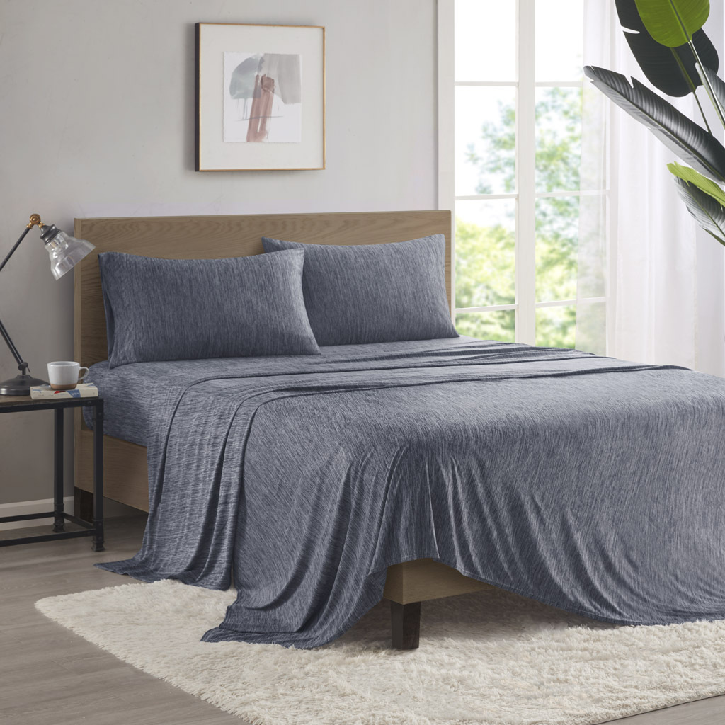 Comfort Cool Jersey Knit Nylon Blend 4 Piece Full Sheet Set In Navy by ...