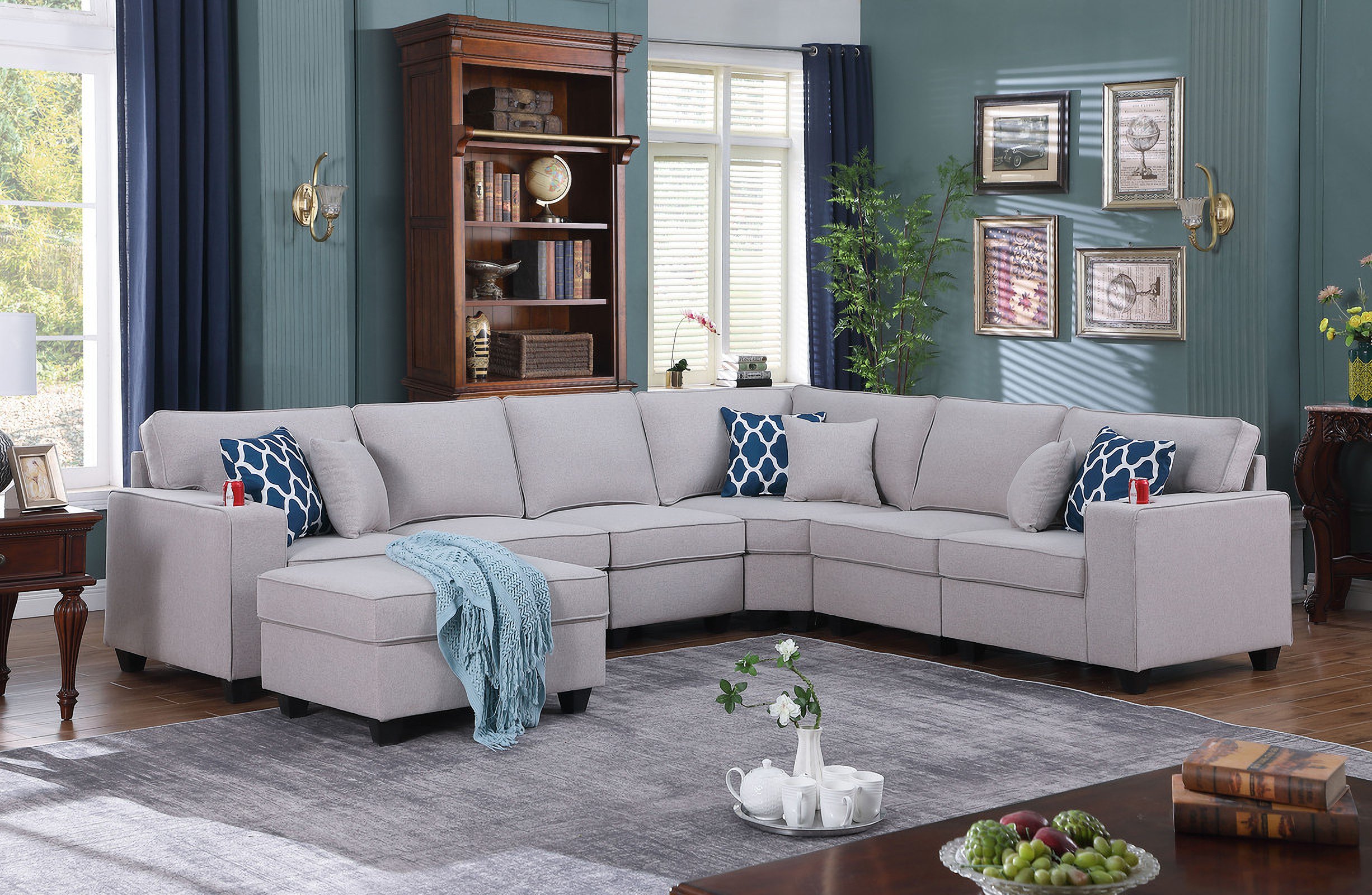 Cooper Light Gray Linen 7Pc Reversible L-Shape Sectional Sofa With ...