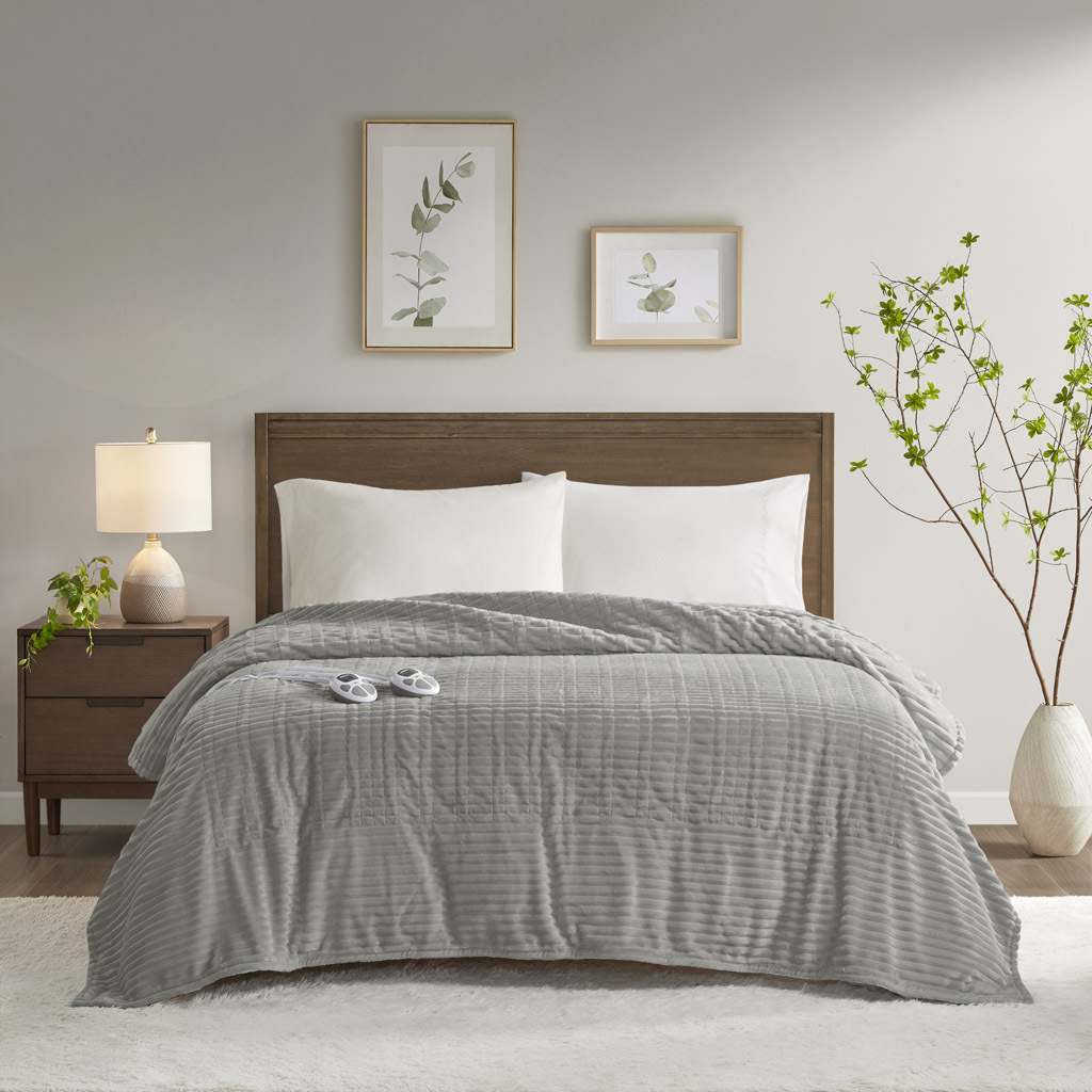 Corded Plush Heated Queen Blanket In Grey by Olliix | 1StopBedrooms