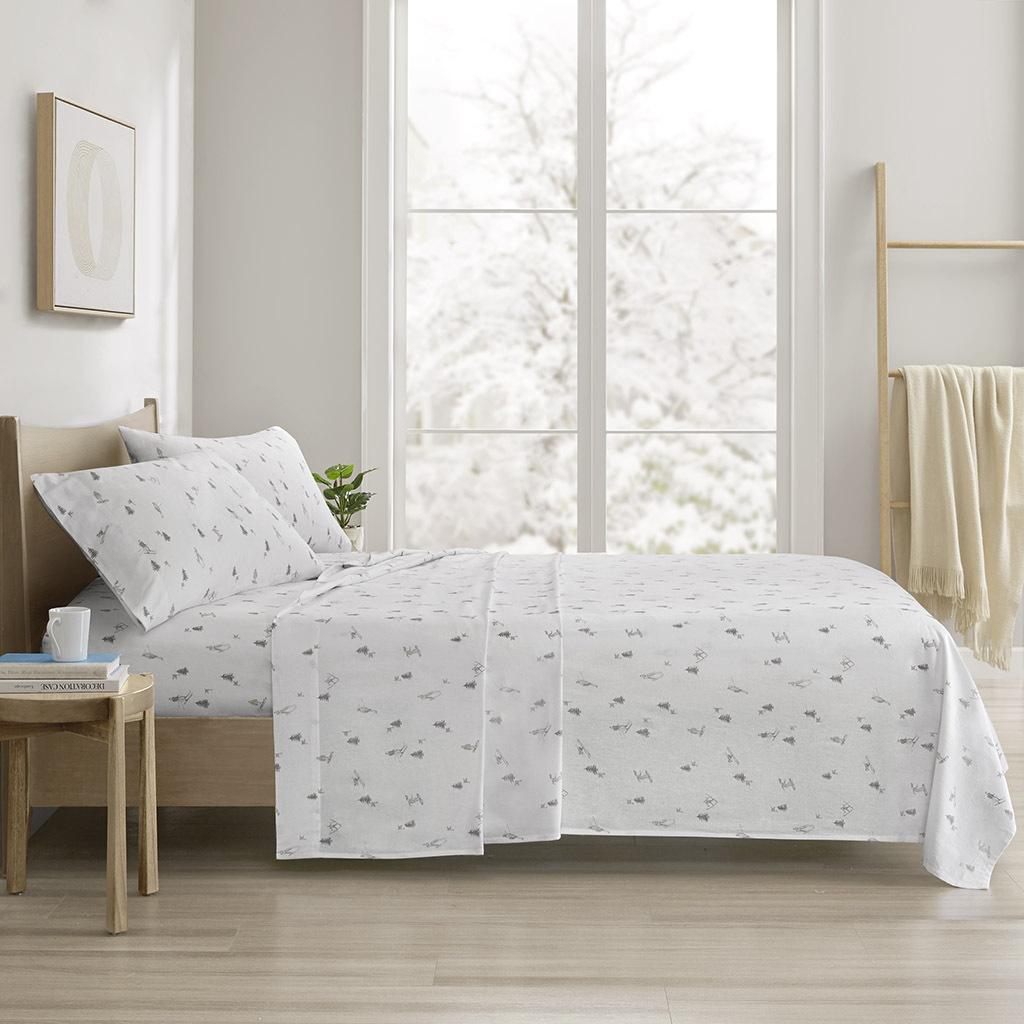 Cozy Cotton Flannel Printed 3 Piece Twin XL Sheet Set In Gray Skiers by ...
