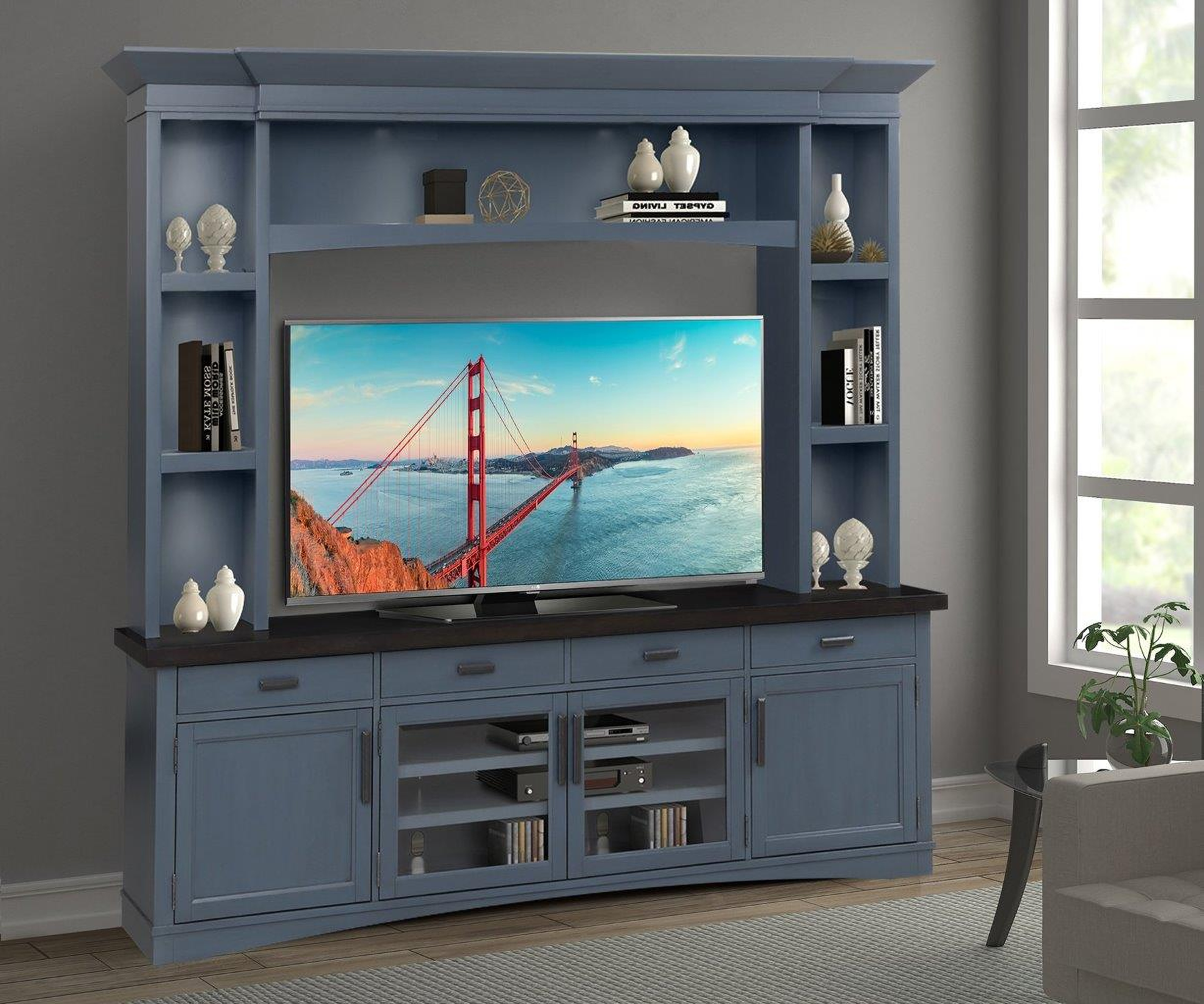 Americana Modern Denim 92 Inch Tv Console With Hutch And Led Lights ...