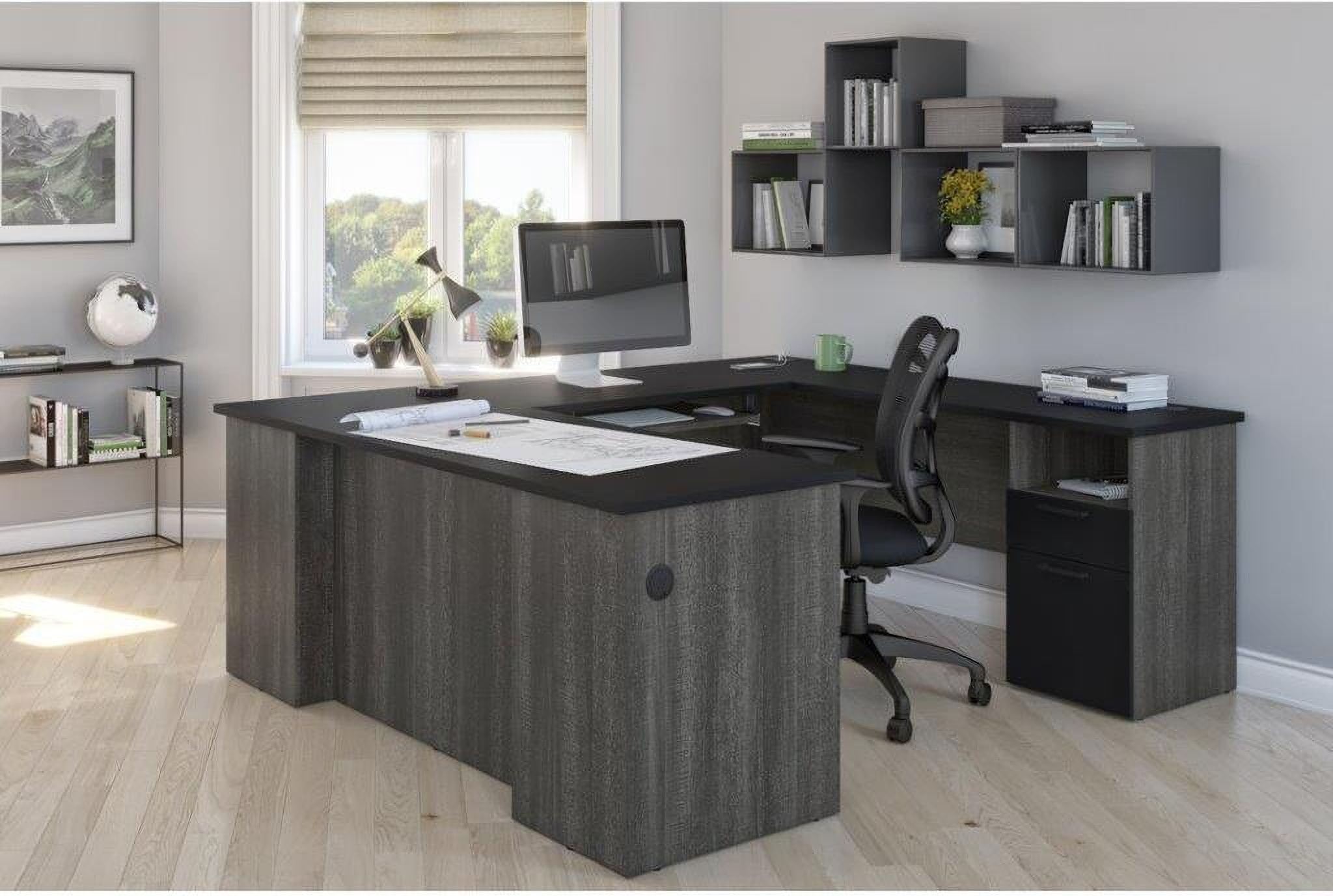 Bestar Norma U-shaped Desk - Black and Bark Gray - 1StopBedrooms.