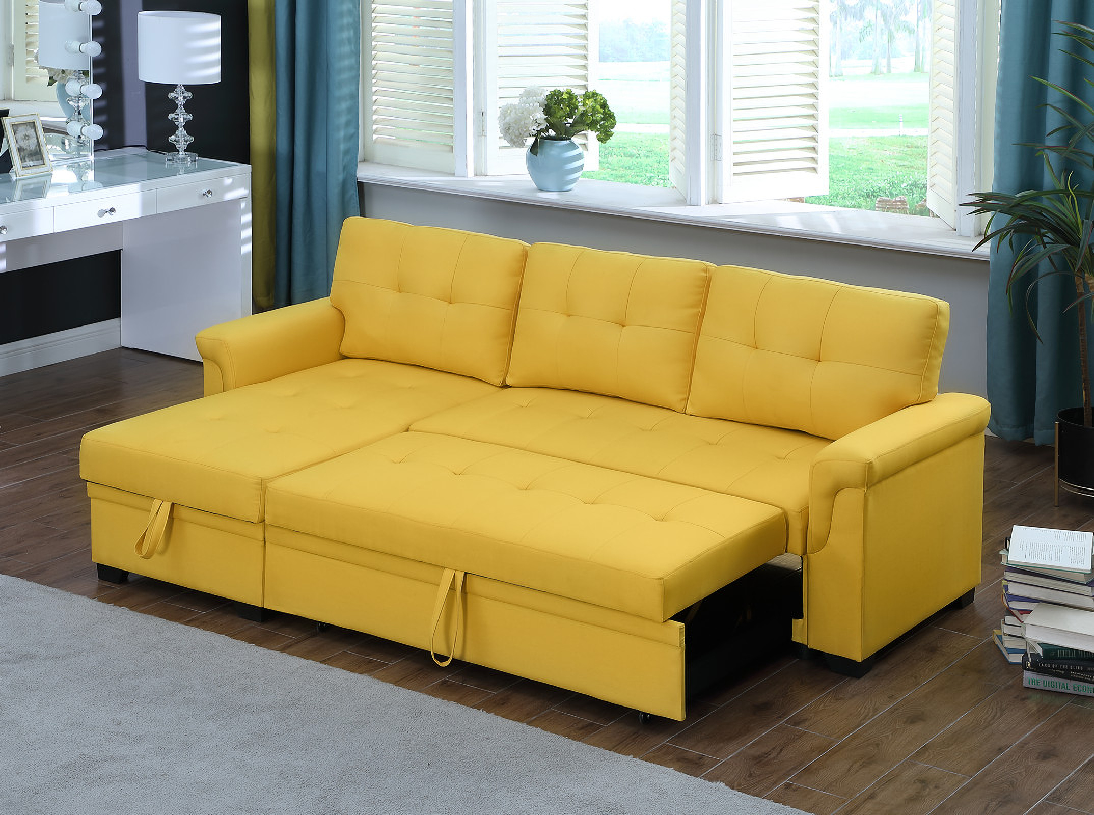 Lucca Yellow Linen Reversible Sleeper Sectional Sofa with Storage ...