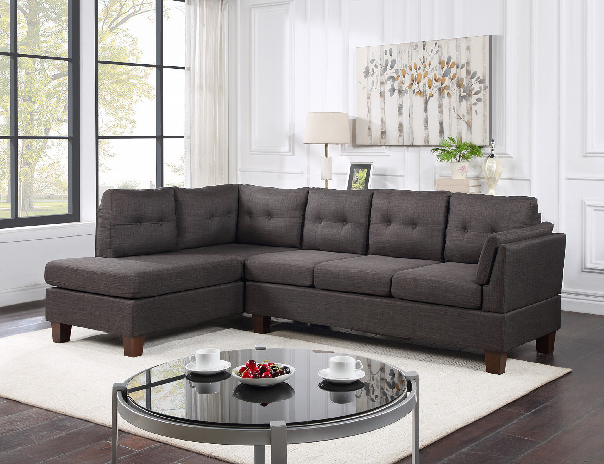 Dalia 97 Inch Linen Sectional Sofa with Left Facing Chaise In Dark Gray ...