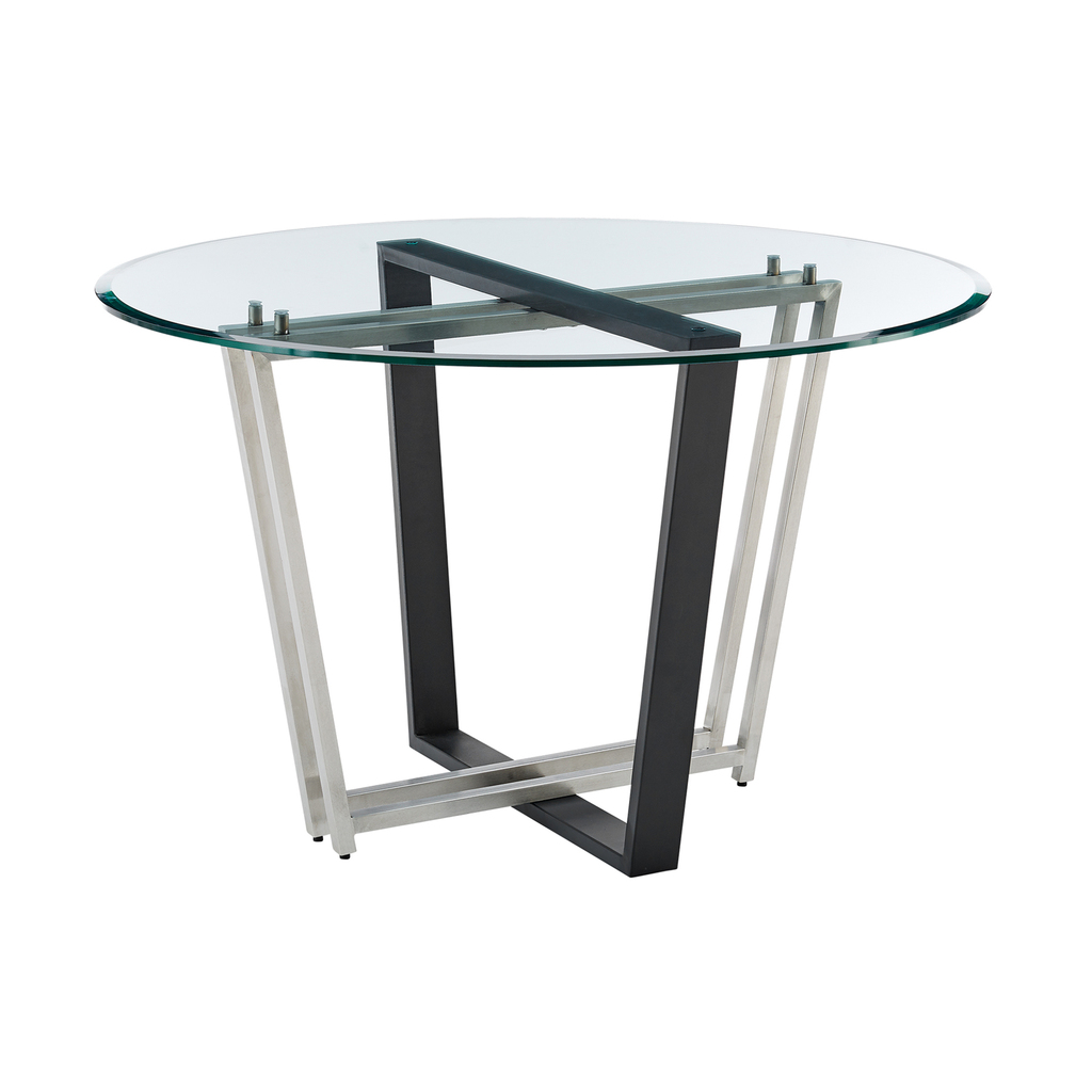 Devi 48 Inch Round Dining Table In Brushed Stainless Steel and Black ...
