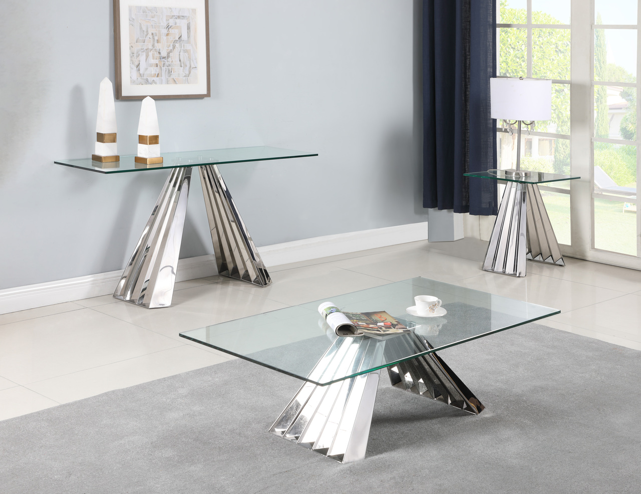 Dominique 18 x 55 Glass Sofa Table with Flare Pyramid Base In Clear and ...