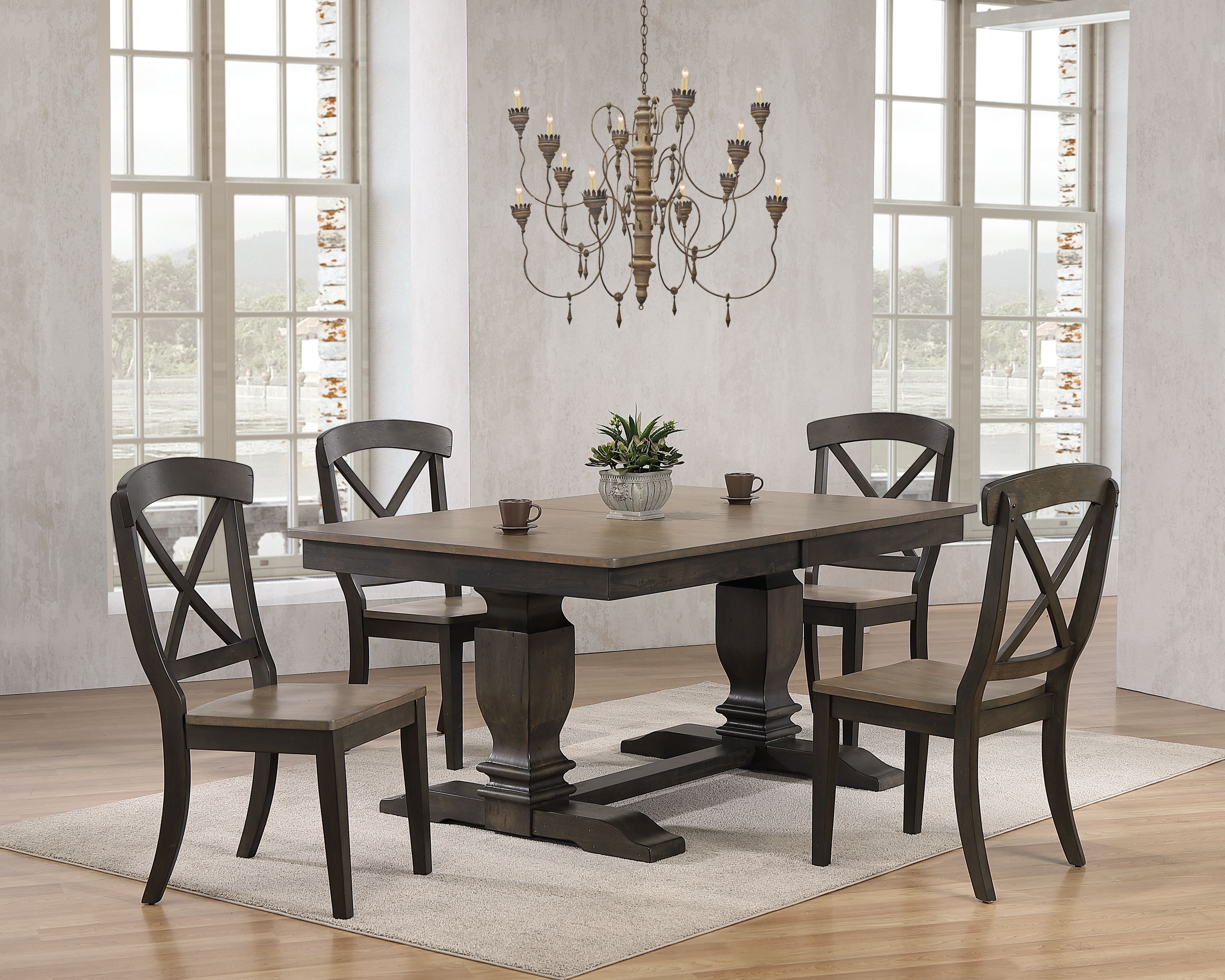Double Pedestal Transitional X-Back 5-Piece Dining Set In Grey Stone ...