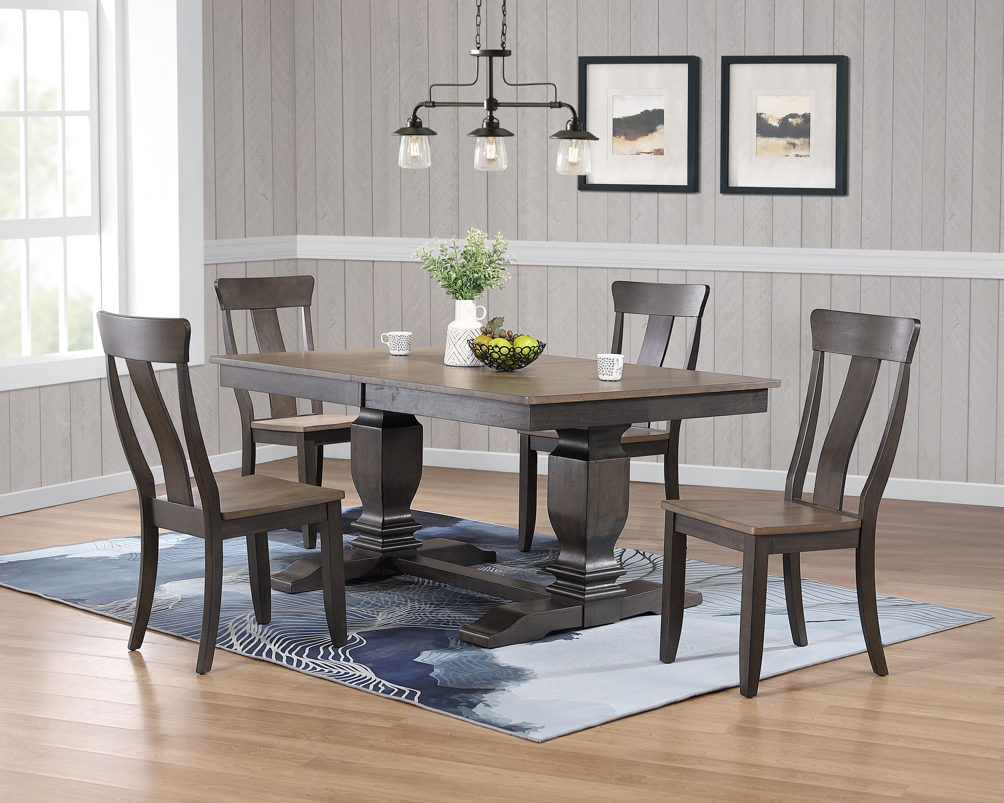 Double Transitional Pedestal In Panel Back 5-Piece Dining Set In Grey ...