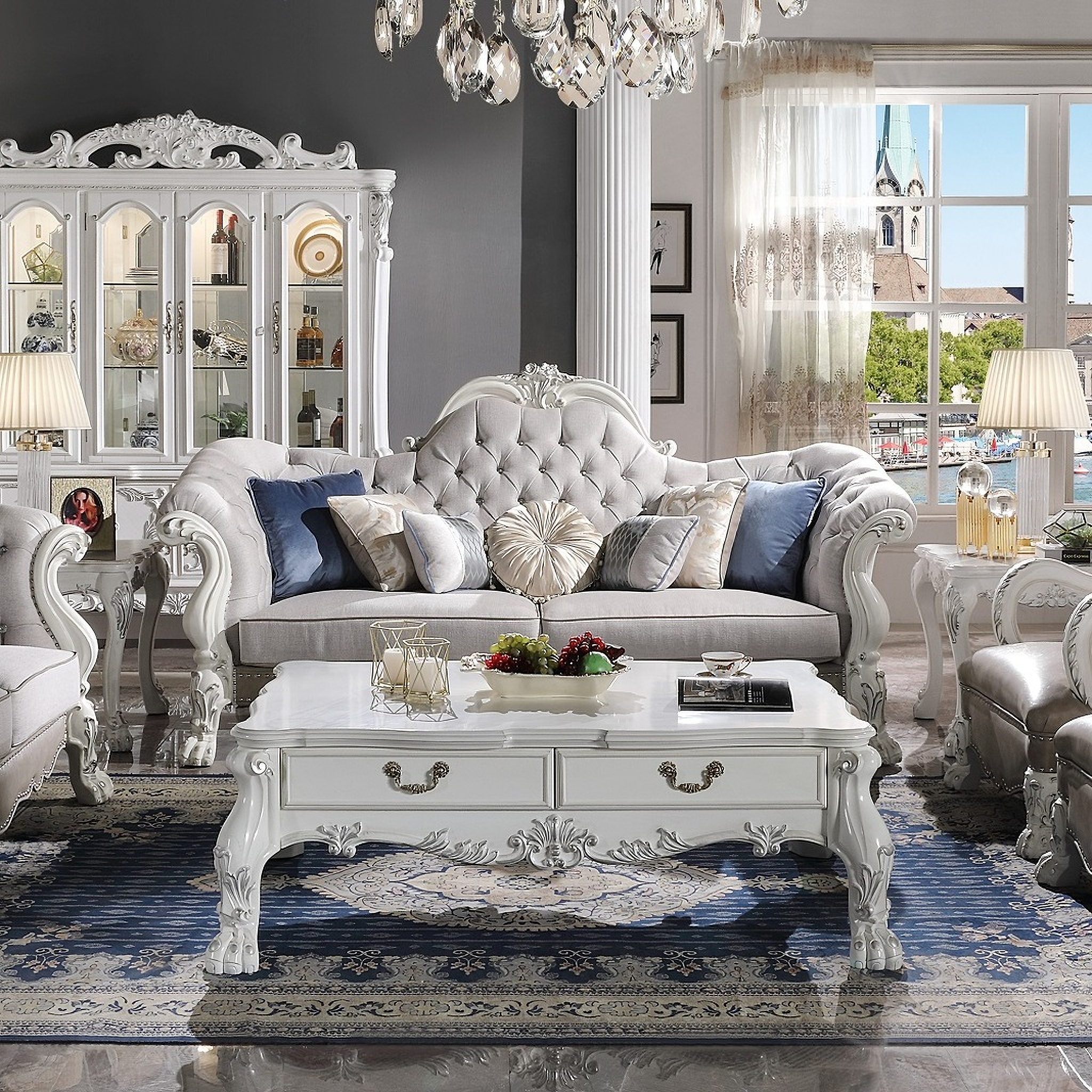 Dresden Sofa with 7 Pillows In Synthetic Leather and Bone White by ACME ...