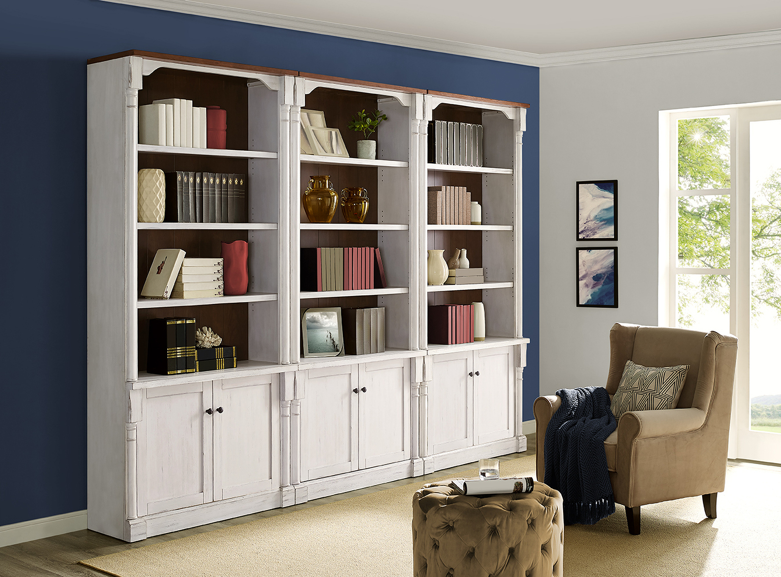 Durham Three Rustic 96 Inch Wood Bookcases with Doors In White by ...