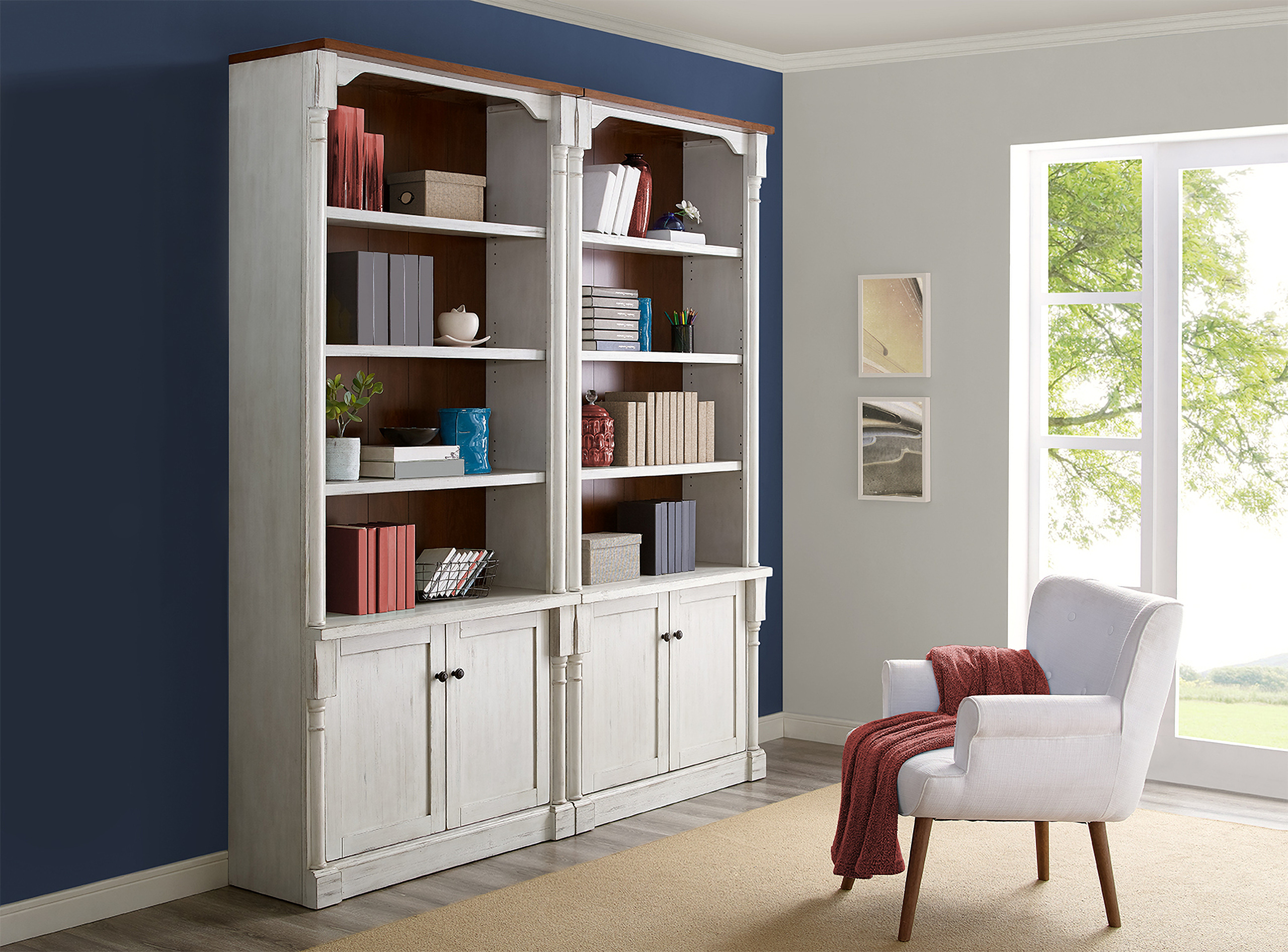 Durham Two Rustic 96 Inch Wood Bookcases with Doors In White by Martin ...