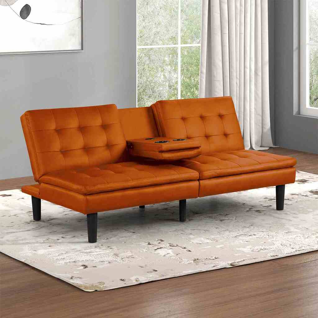 Eidsberg Futon Sofa Bed with Drop Down Table In Orange by Furniture of ...