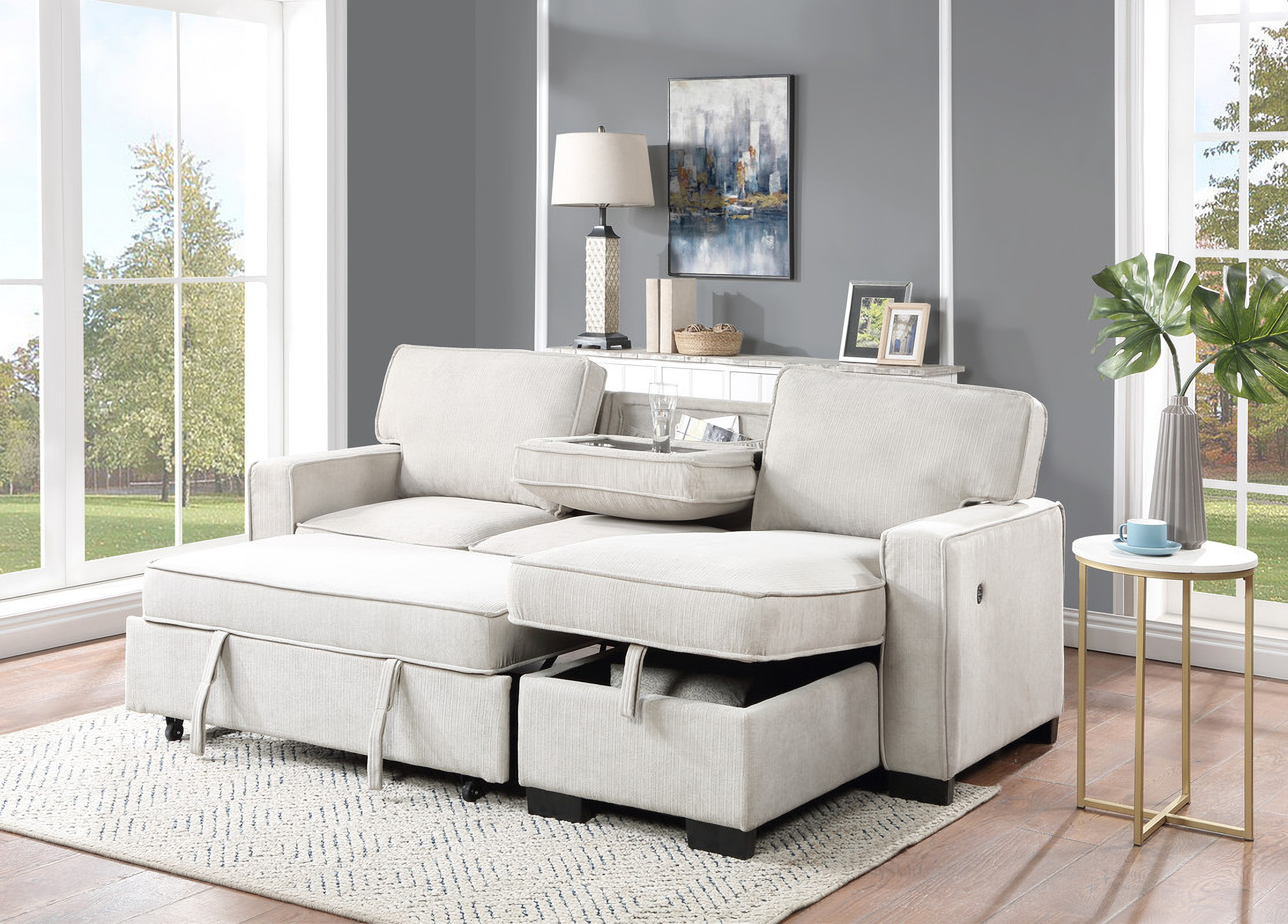 Estelle 86.5 Inch Fabric Reversible Sleeper Sectional with Storage ...