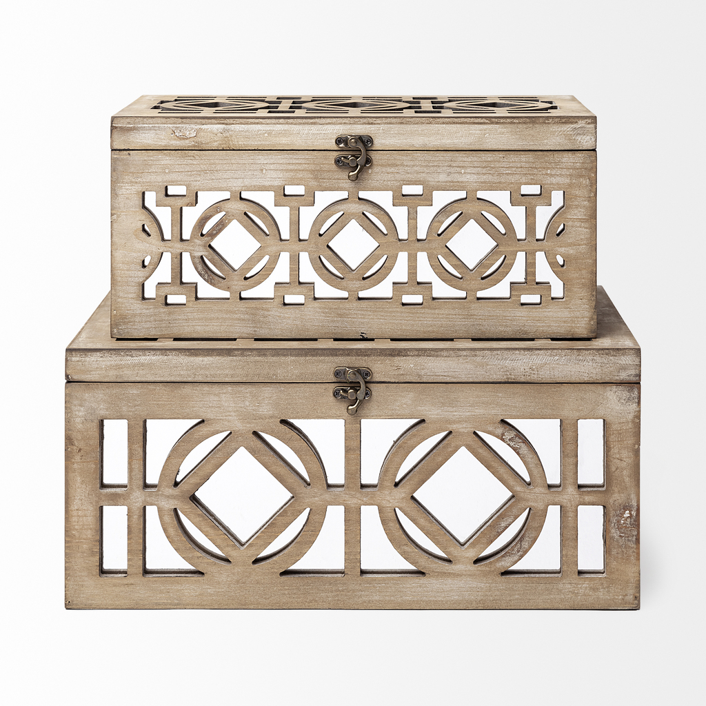 Estooki Natural Wood Mirrored Boxes Set of 2 In Brown by Mercana ...