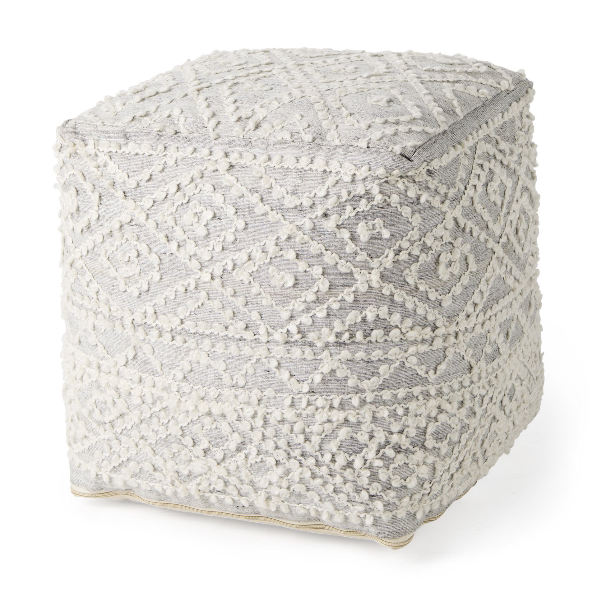Farida Wool and Polyester Patterned Pouf In Light Gray by Mercana ...