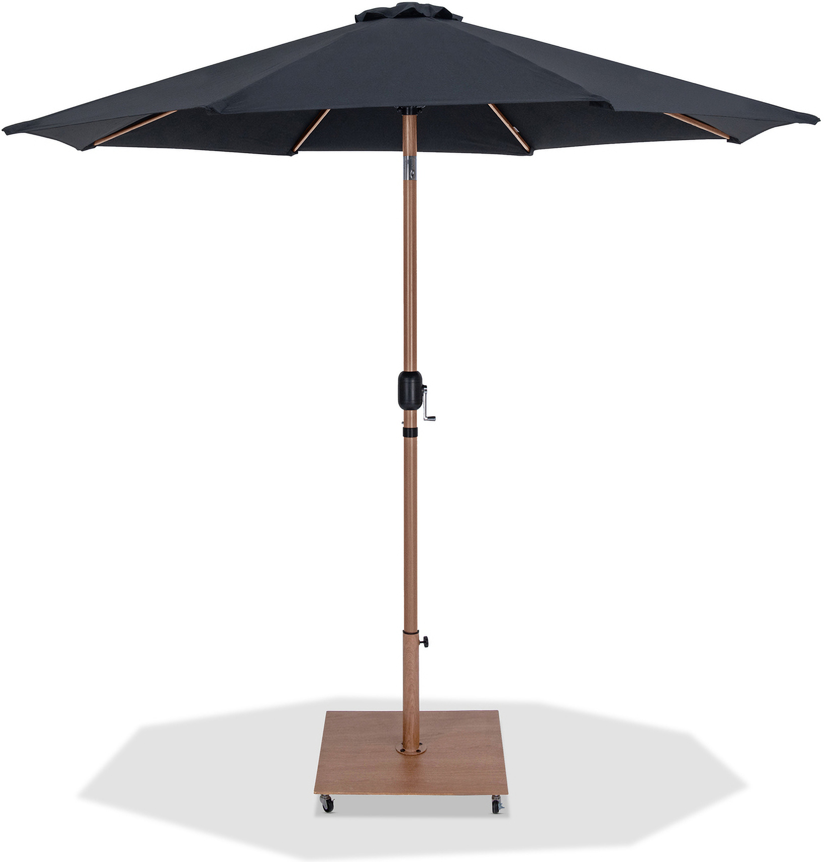 Fiji Aluminum Patio Umbrella with Base Sets In Black Fabric and Teak by ...