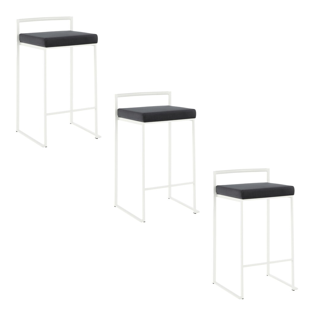 Fuji 26 Inch Velvet Cushion Stackable Counter Stool Set of 3 In White ...