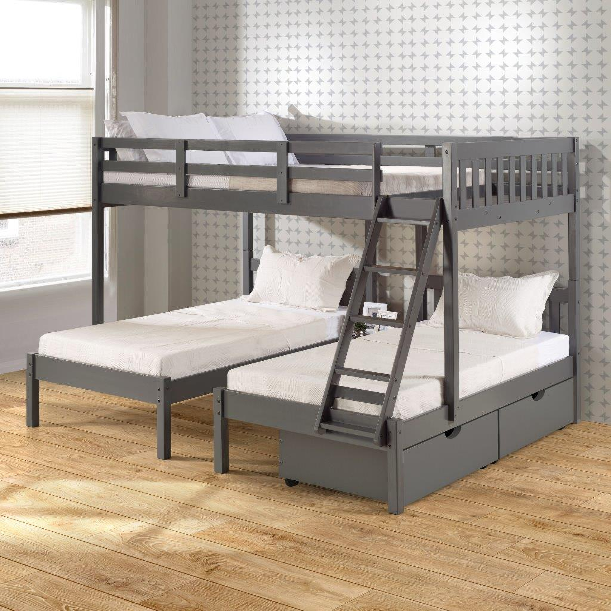 Full Over Double Twin Bed Loft Bunk In Dark Grey Finish W-Dual Under ...