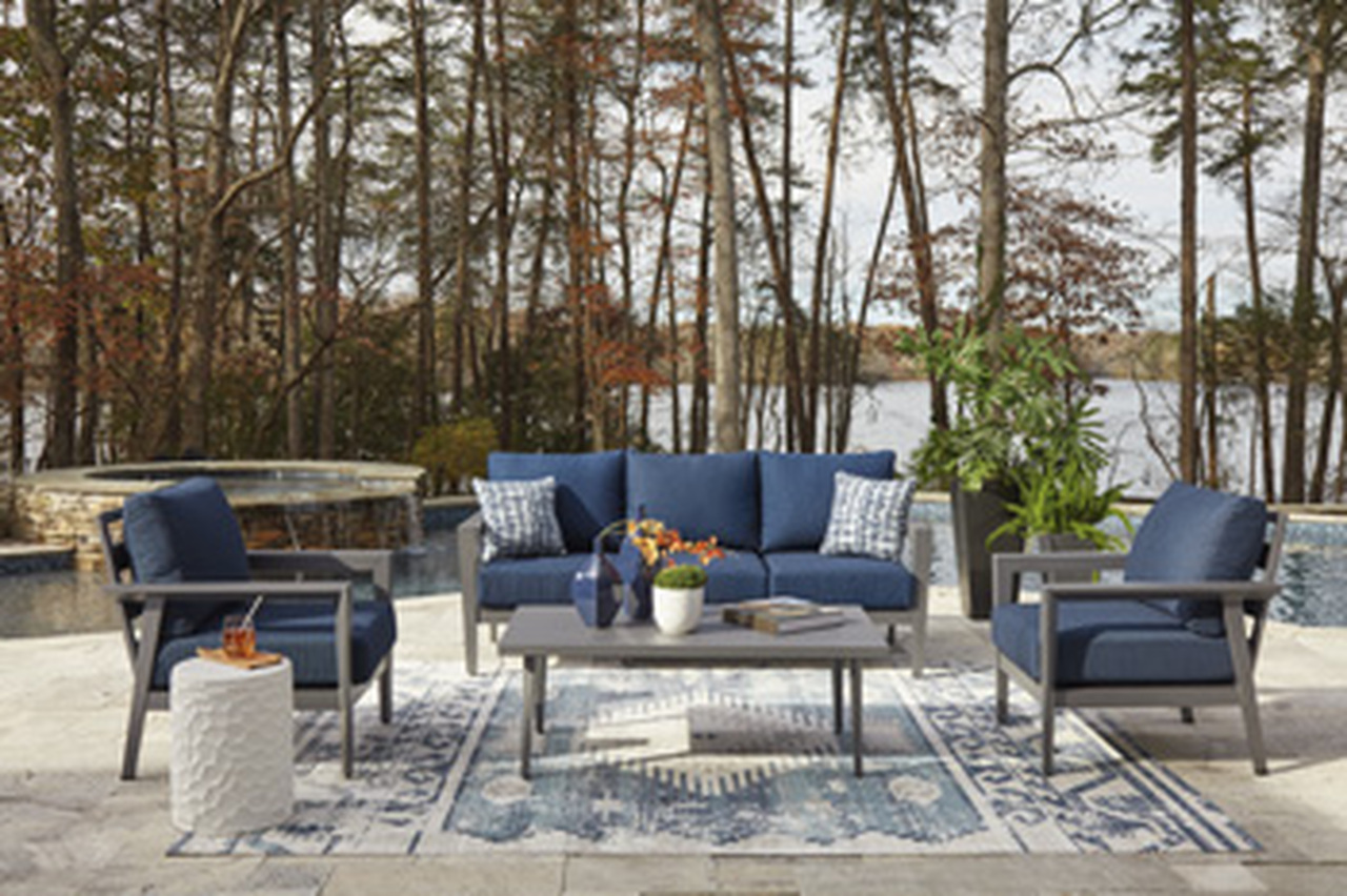 Gali Outdoor Sofa/Chairs/Table Set of 4 In Gray and Blue by Ashley ...