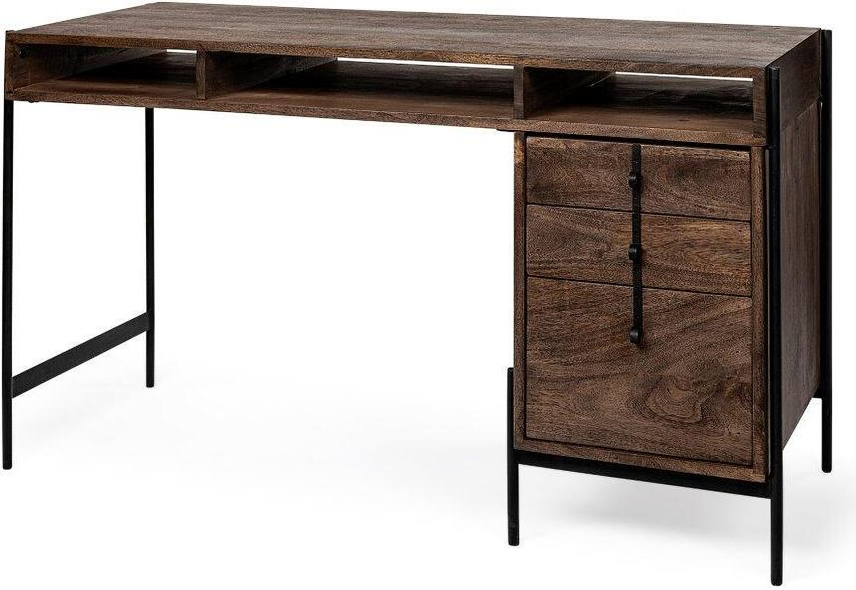 Glenn Vii Dark Brown Wood With Black Iron Frame With 3 Drawer Office ...