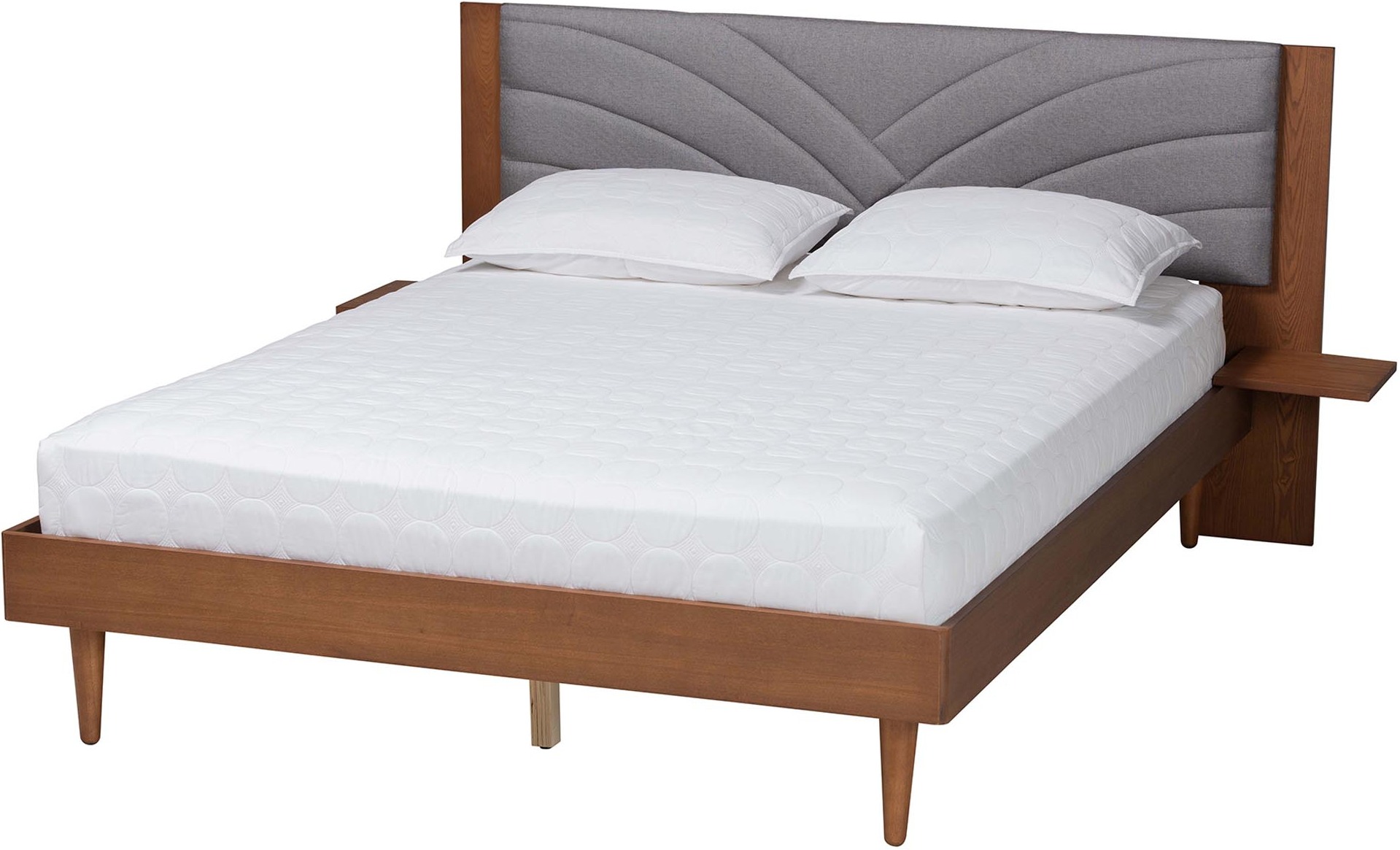 Hemera Wood King Platform Bed with Floating Side Table In Grey Fabric ...