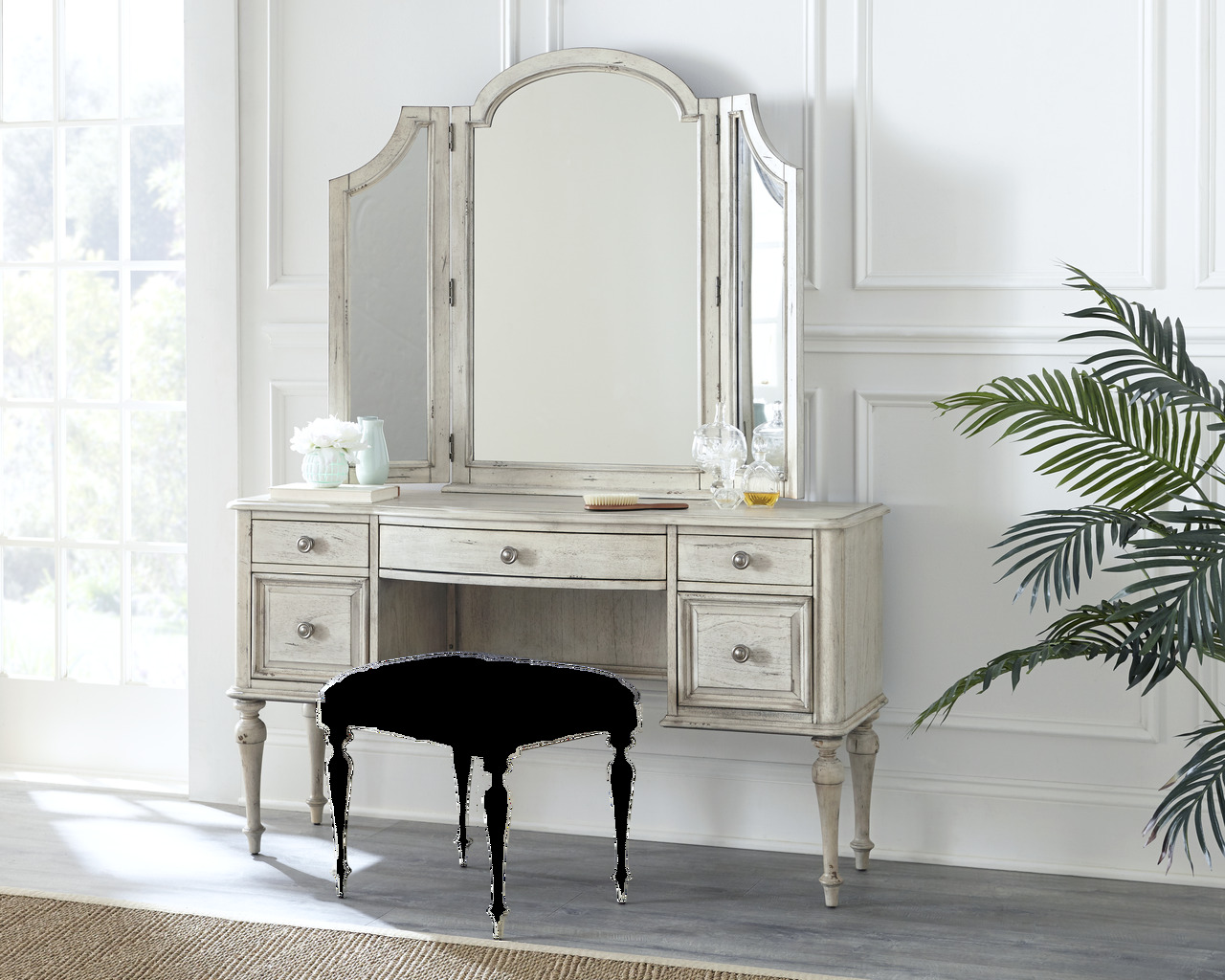 Highland Park Rustic Ivory Vanity, Mirror And Bench by Steve Silver ...