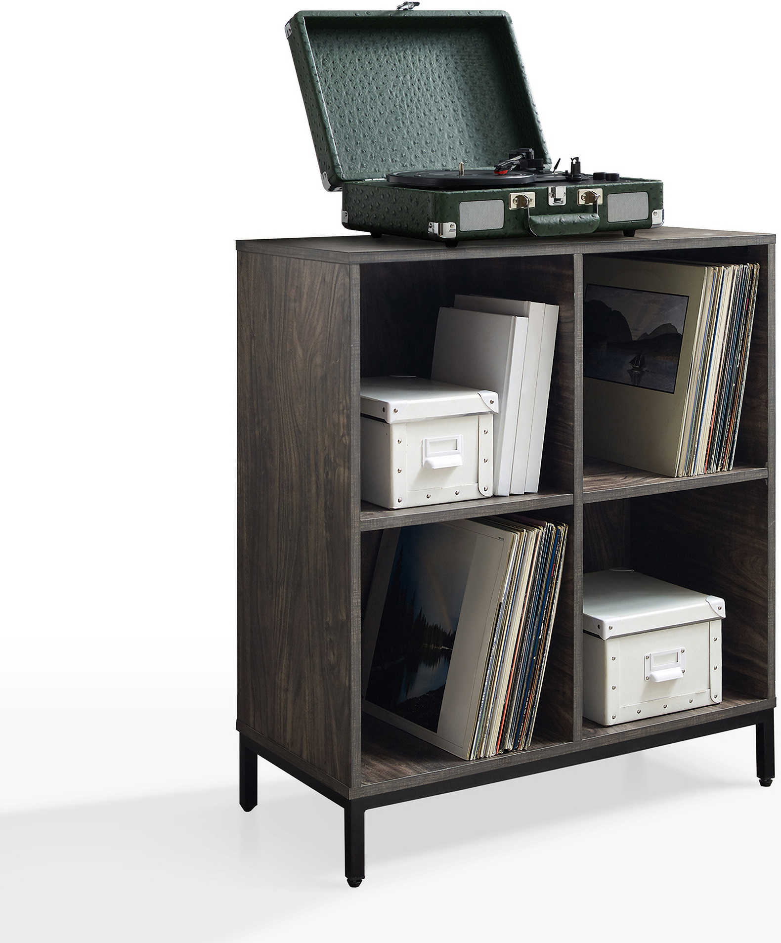 Jacobsen Record Storage Cube Bookcase In Brown Ash And Matte Black By Crosley Brands 1stopbedrooms