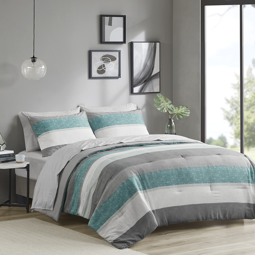 Jaxon Stripe 7 Piece Full Comforter Set with Bed Sheets In Aqua and ...