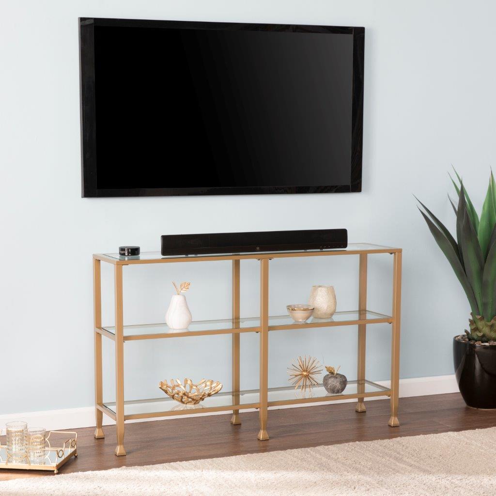 Jaymes Narrow Metal Console Table With Glass Shelves In Gold by SEI ...