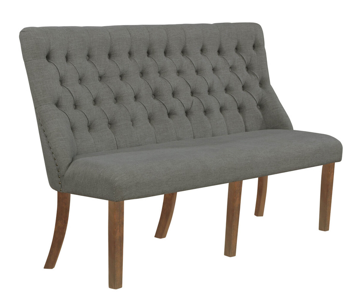 Karol Large Tufted Seats Dining Bench In Gray Linen Fabric and Walnut ...