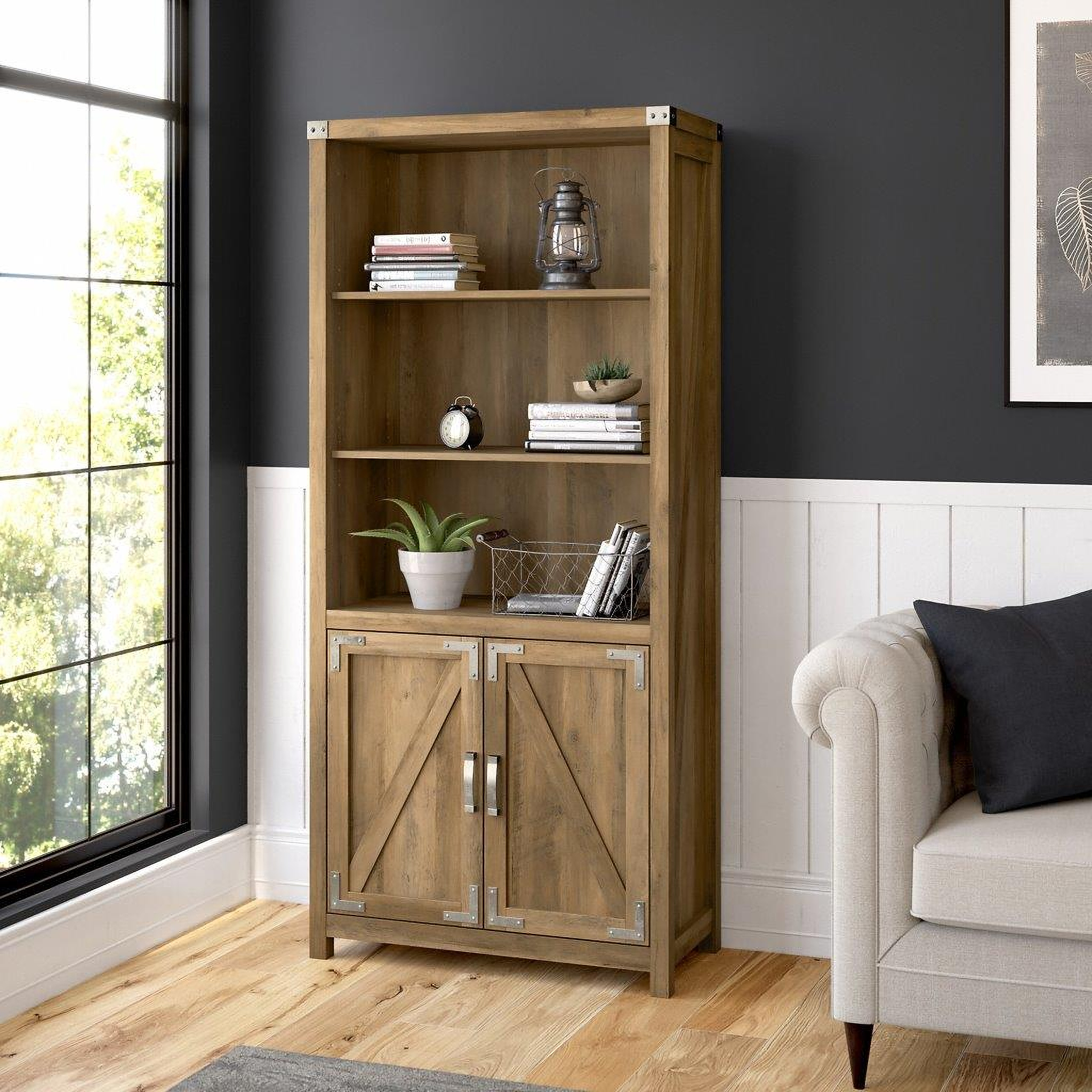 Kathy Ireland Home by Bush Furniture Cottage Grove Tall 5 Shelf Bookcase with Doors in Reclaimed ...