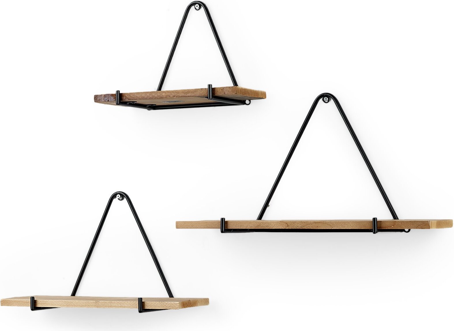 Khufu Wood with Black Metal Triangular Hanging Shelves Set of 3 In ...