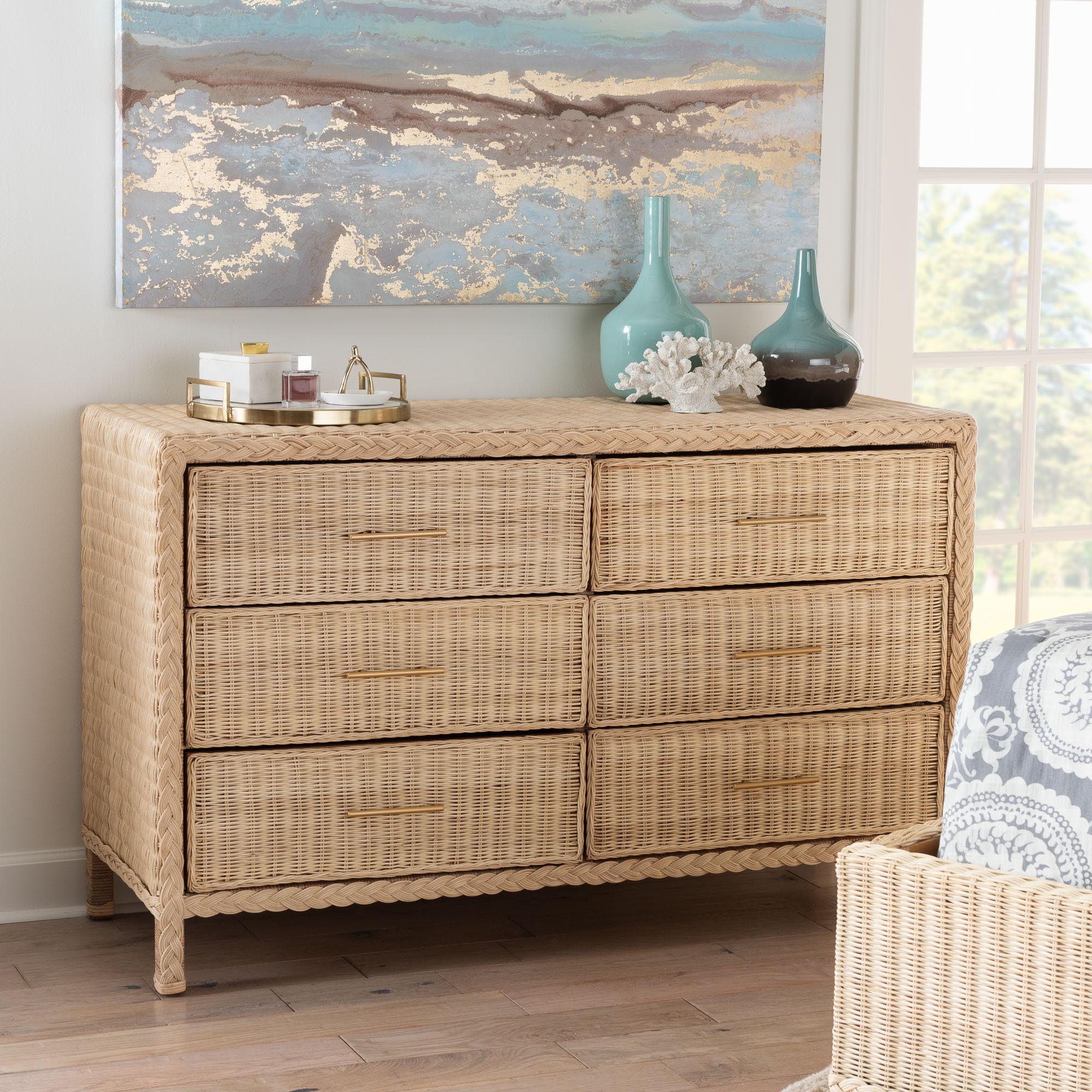 Lanica Braided Rattan 6 Drawer Dresser In Sun Bleached Ivory by Baxton ...
