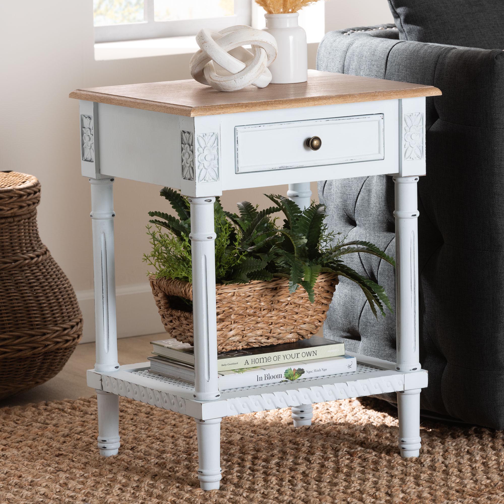 Legrand Two Tone 1 Drawer End Table In White and Light Brown by Baxton ...
