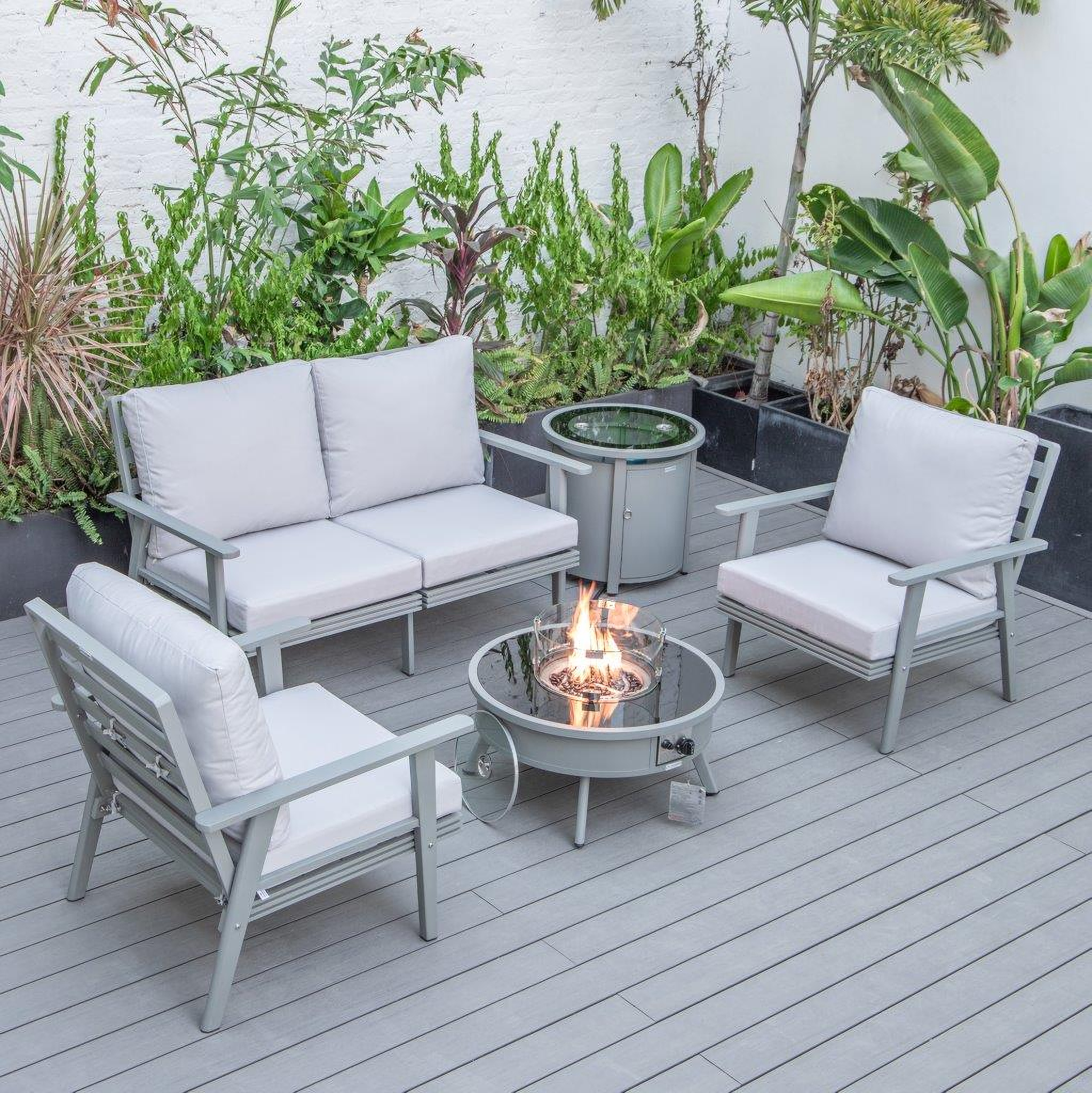 Leisuremod Walbrooke Modern Grey Patio Conversation With Round Fire Pit ...