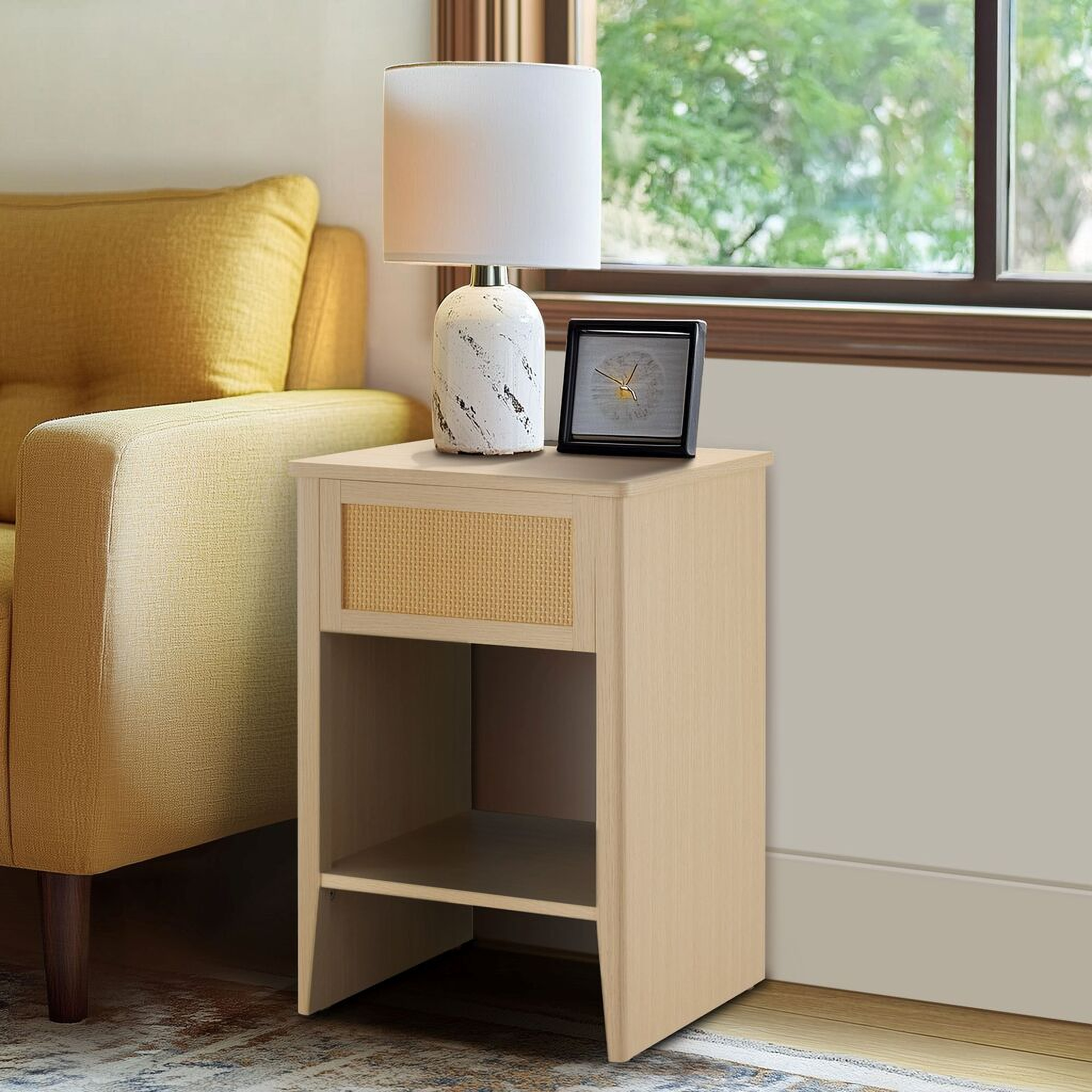 Lennox Rattan Accent Side Table with Drawer Storage and Lower Open ...