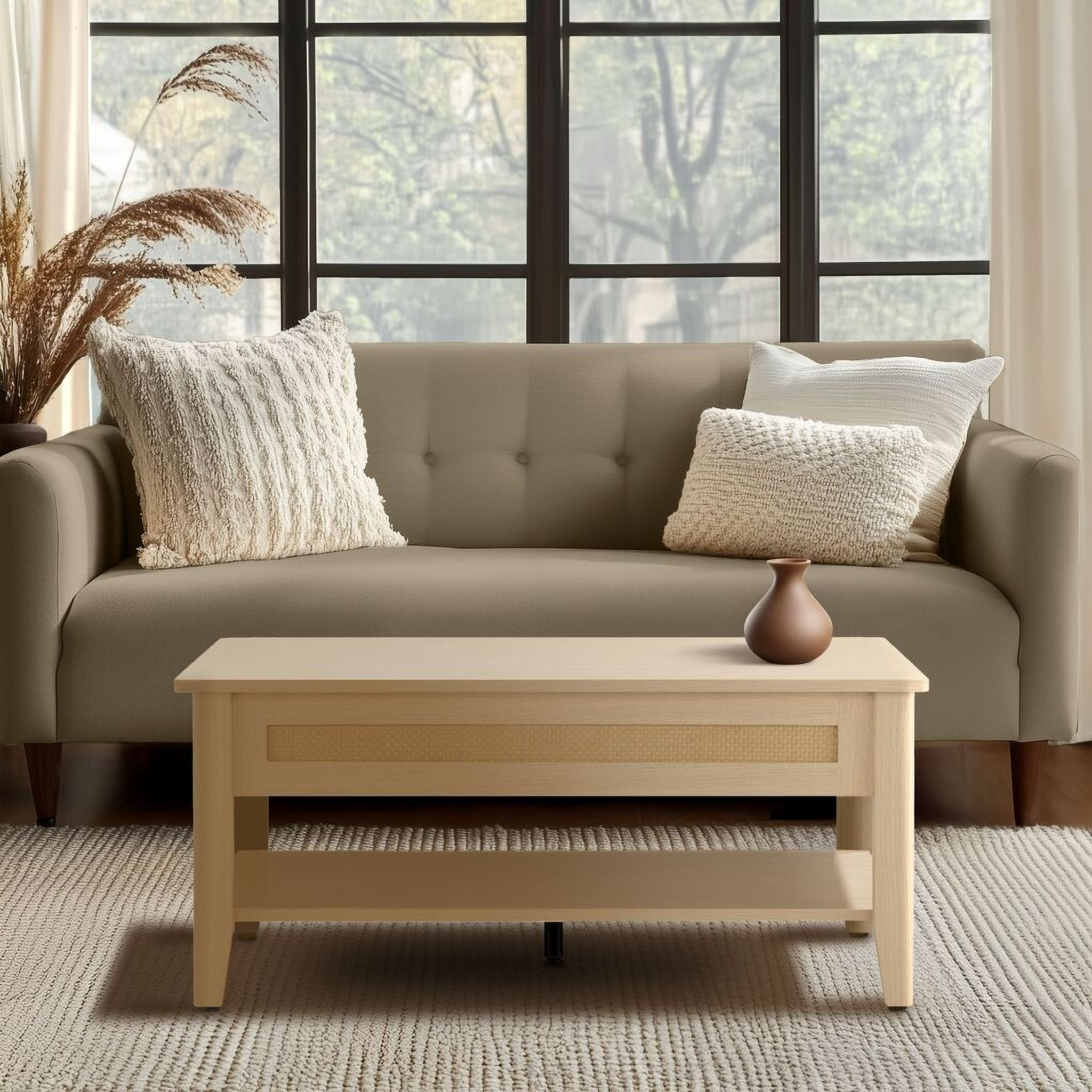 Lennox Rattan Lift-Top Coffee Table with Storage and Lower Open Shelf ...