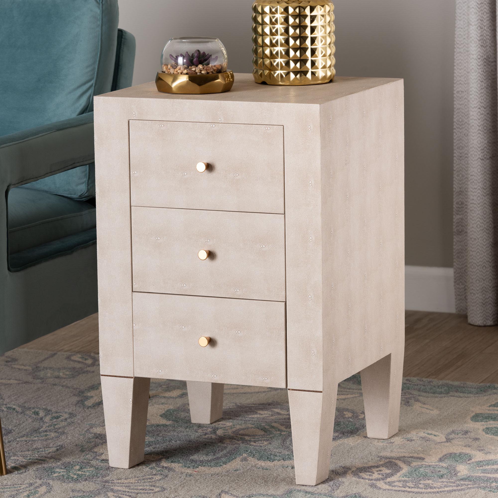 Leyna Faux Shagreen 3 Drawer End Table In Beige and Brass by Baxton ...