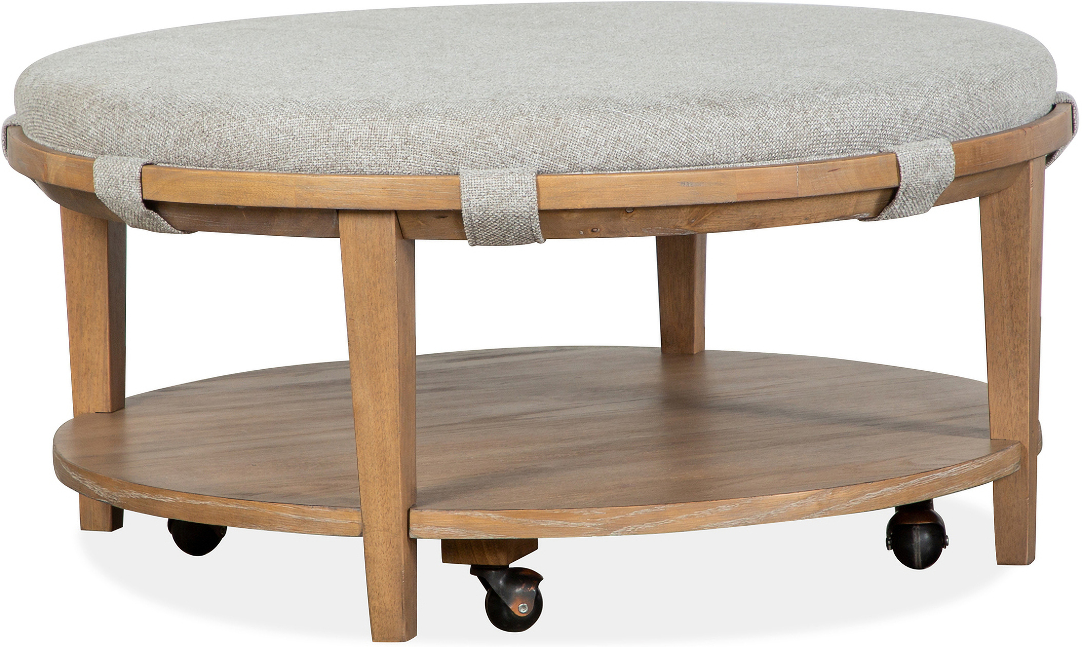 Lindon Round Cocktail Table With Grey Upholstered Top And Casters by ...