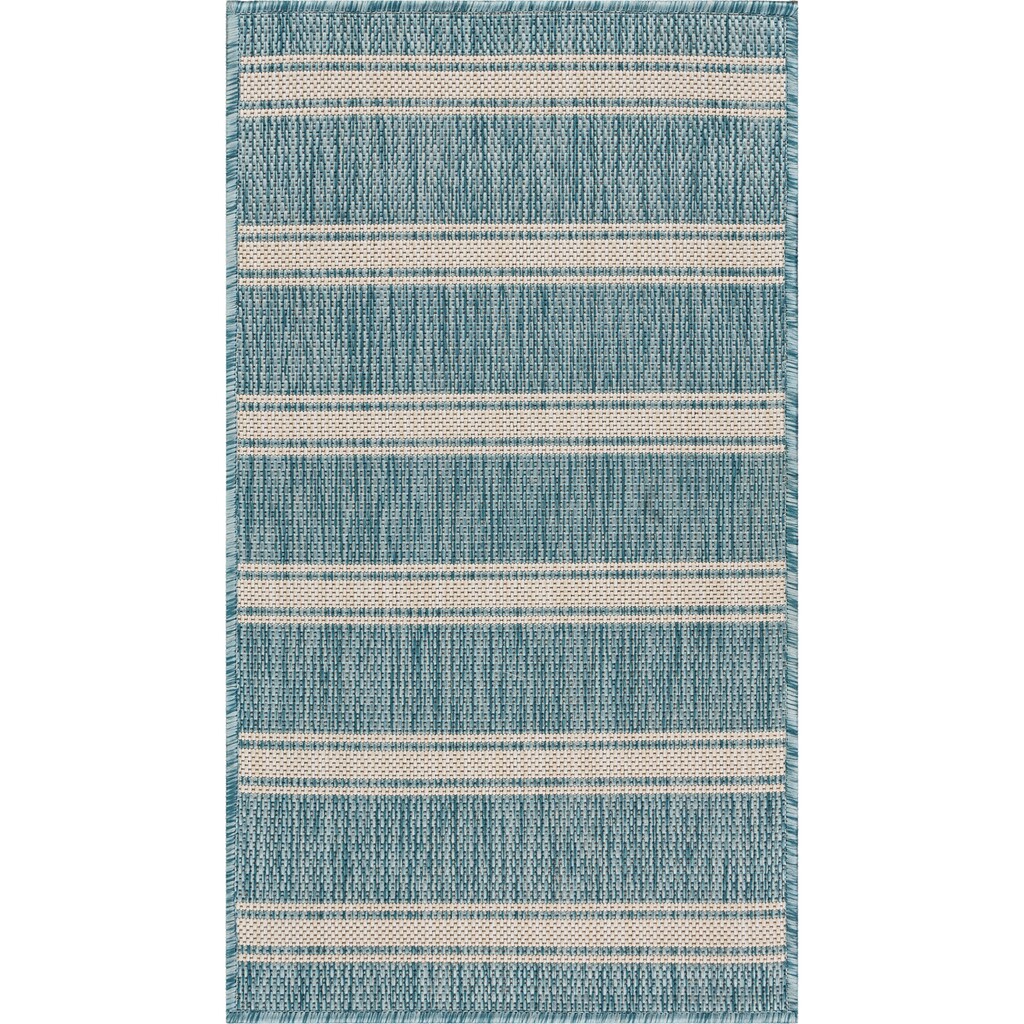 Litus 1'10" x 3' Tony Striped Outdoor Accent Rug In Aqua Blue and Beige ...
