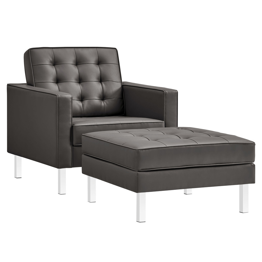 Loft Tufted Vegan Leather Armchair and Ottoman Set In Silver Gray by ...