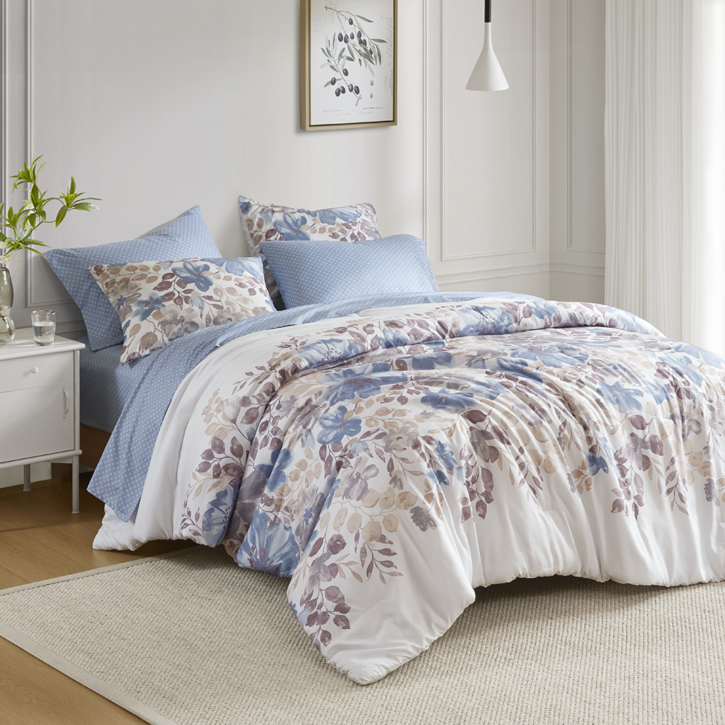Luna Floral 7 Piece King Comforter Set with Bed Sheets In Blue by ...