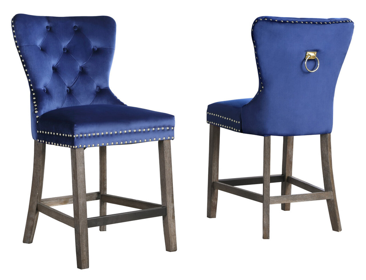 Maya Tufted Counter Height Chairs Set of 2 In Blue Velvet and Gold ...